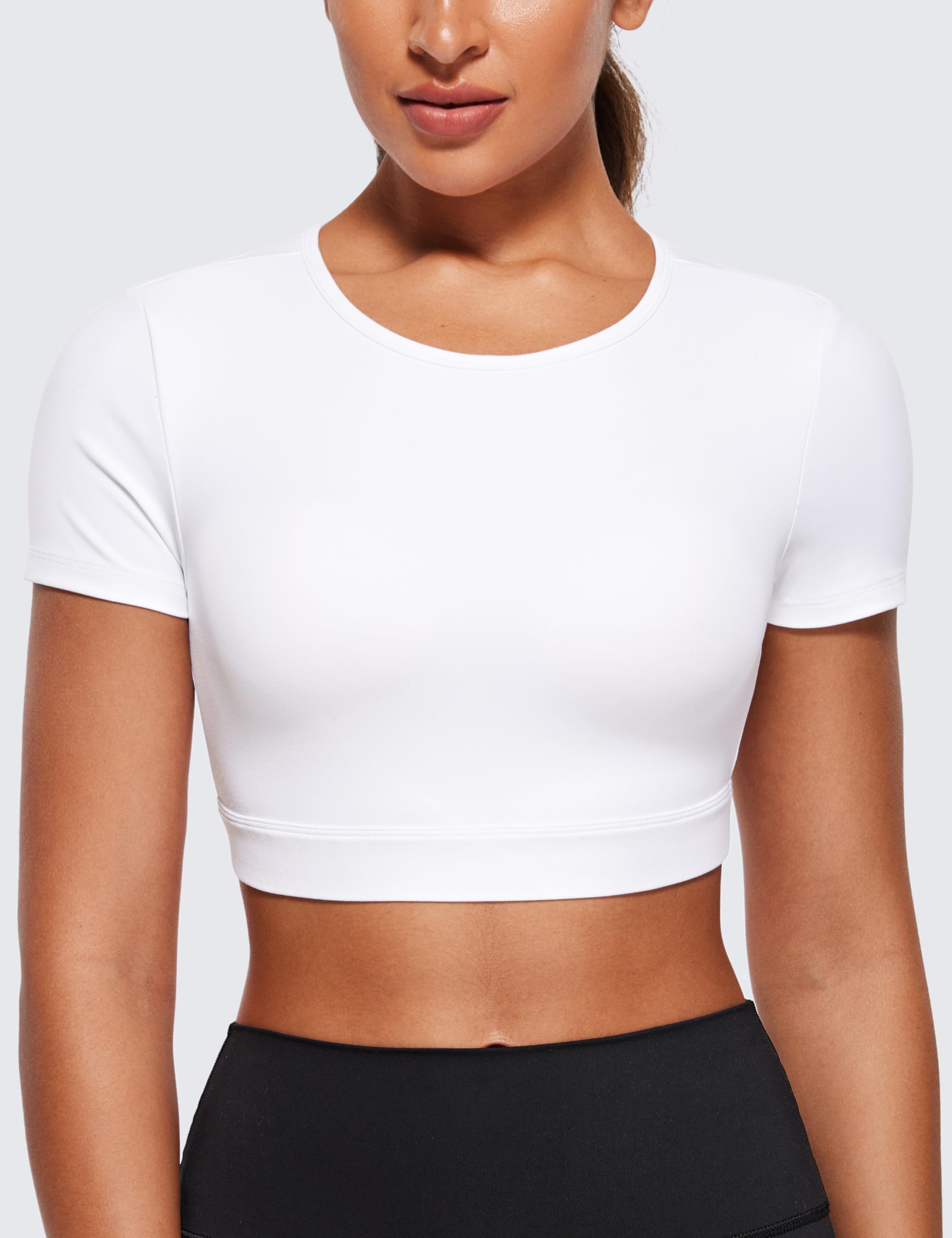 CRZ YOGA Womens Butterluxe Double Lined Open Back Crop Tops Backless Short Sleeve Workout Shirts Casual Tight T-Shirts White Medium