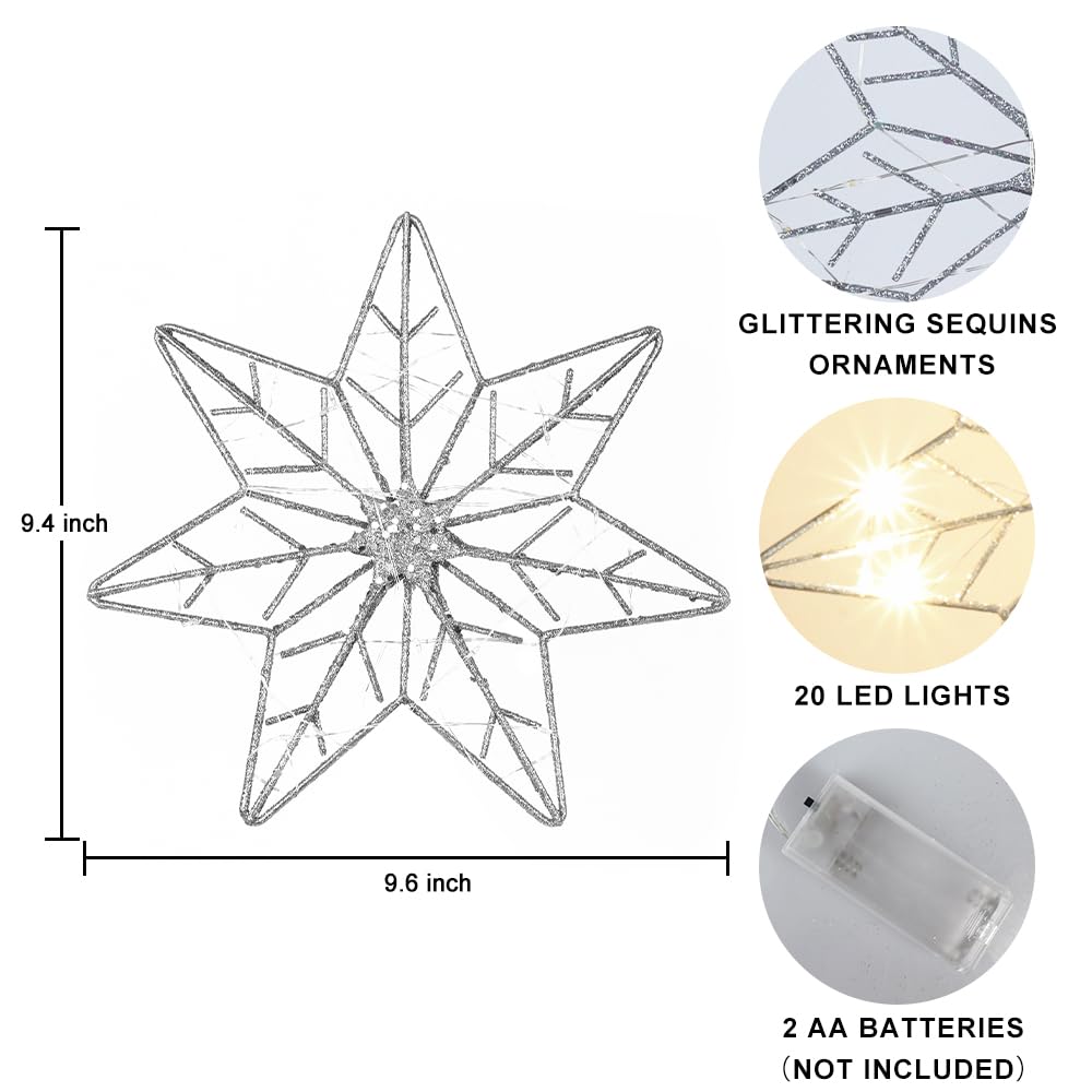 YEAHOME Christmas Tree Topper, Lighted Hollow 7-Point Star Tree Topper, Wire Star for Christmas Treetop with 20 LED Lights Xmas Tree Topper for Christmas Tree Ornament Decoration, Silver Glittered