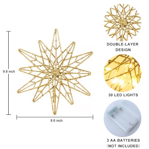 YEAHOME Christmas Tree Topper, Lighted Hollow 12-Point Star Tree Topper, Wire Star for Christmas Treetop with 30 LED Lights Xmas Tree Topper for Christmas Tree Ornament Decoration, Gold Glittered