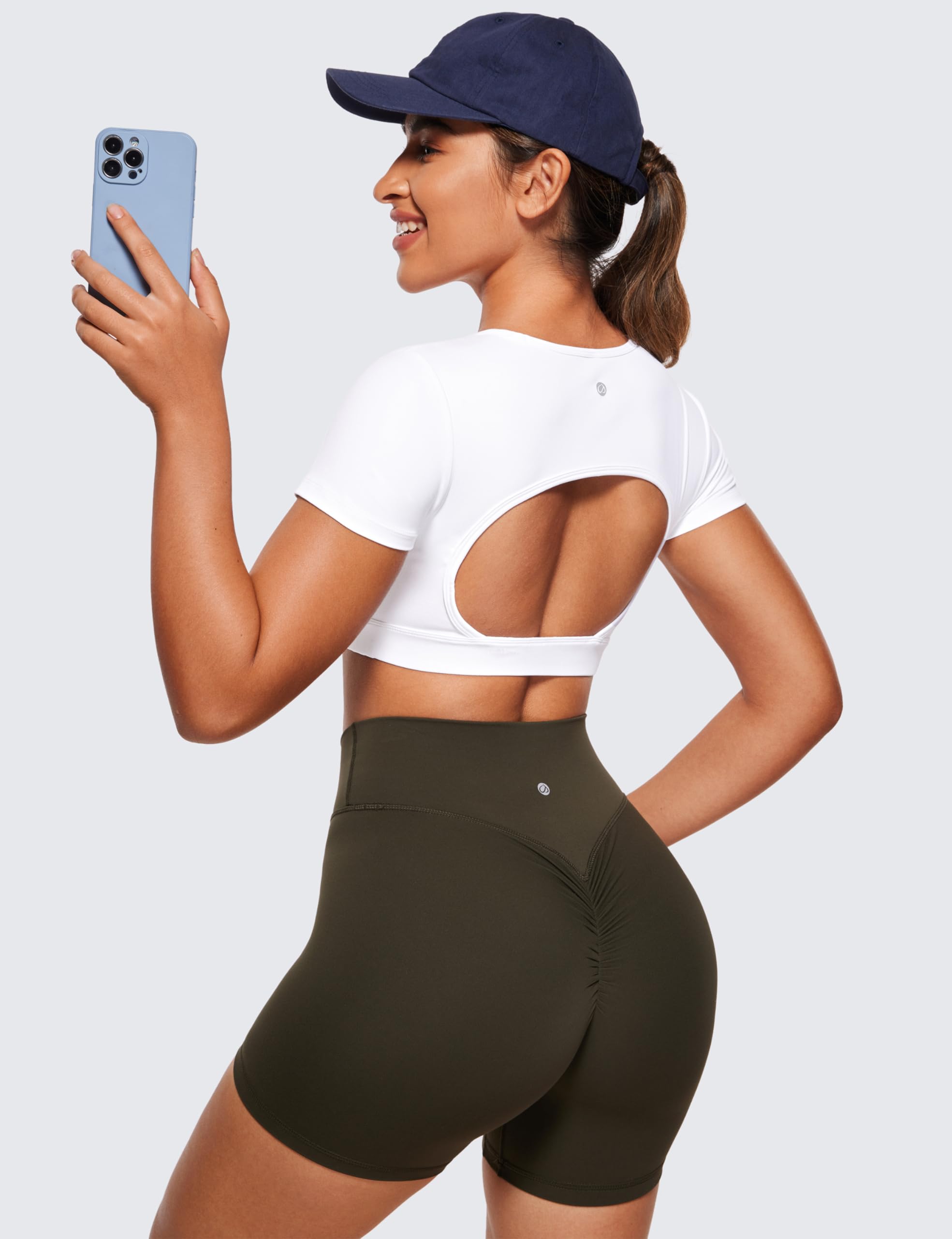 CRZ YOGA Womens Butterluxe Double Lined Open Back Crop Tops Backless Short Sleeve Workout Shirts Casual Tight T-Shirts White Medium