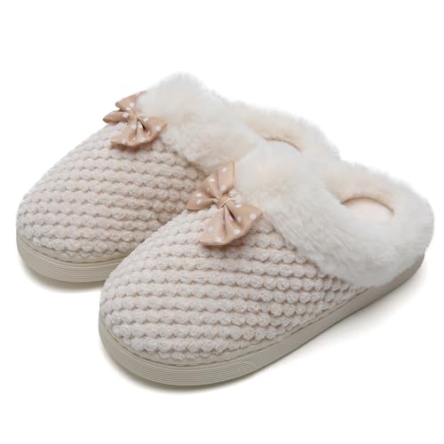 WateLves Girls Slippers Kids Memory Foam House Slipper Toddler Comfort Fuzzy Bedroom Shoes(Beige,24/25)