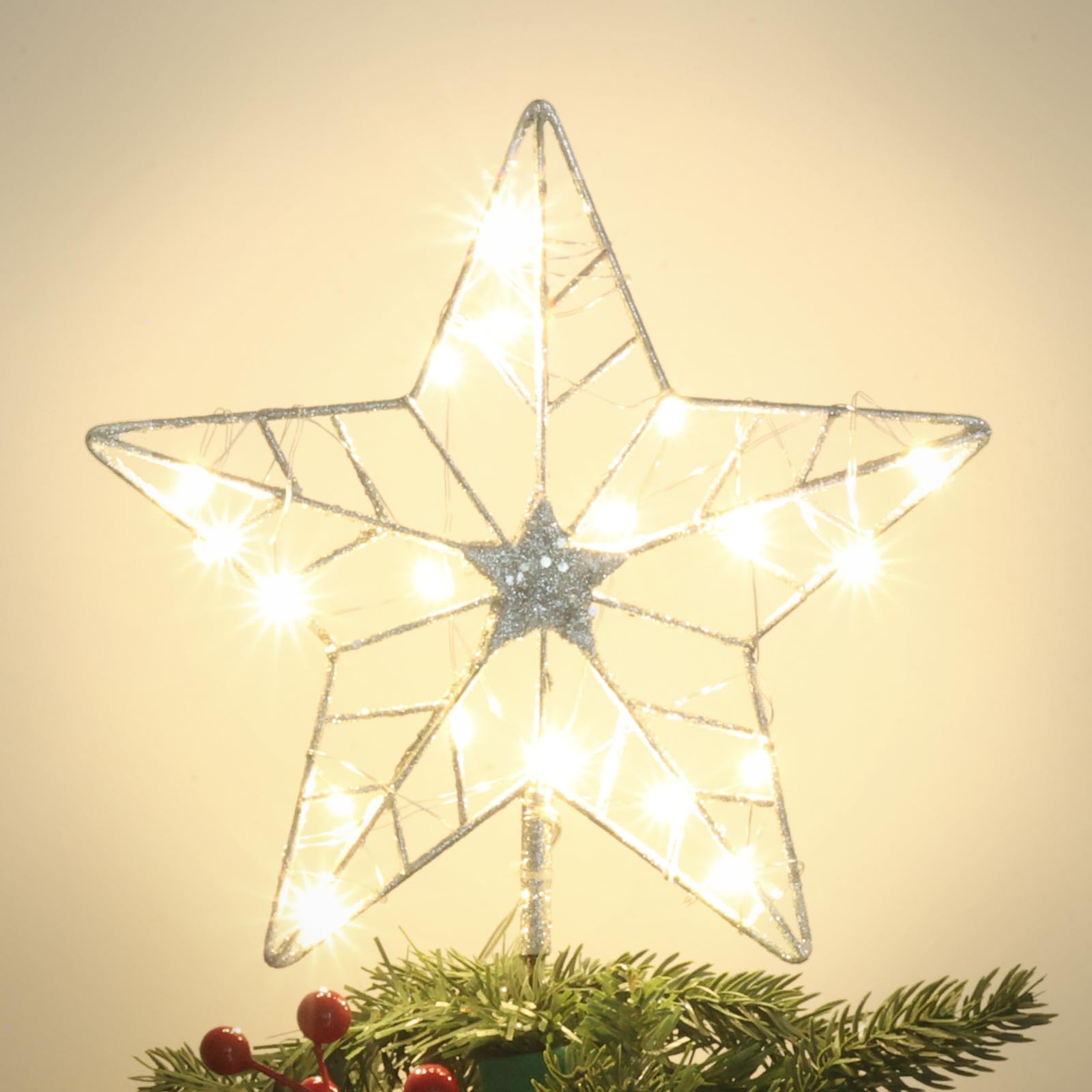 YEAHOME Christmas Tree Topper, Lighted Hollow 5-Point Star Tree Topper, Wire Star for Christmas Treetop with 20 LED Lights Xmas Tree Topper for Christmas Tree Ornament Decoration, Silver Glittered