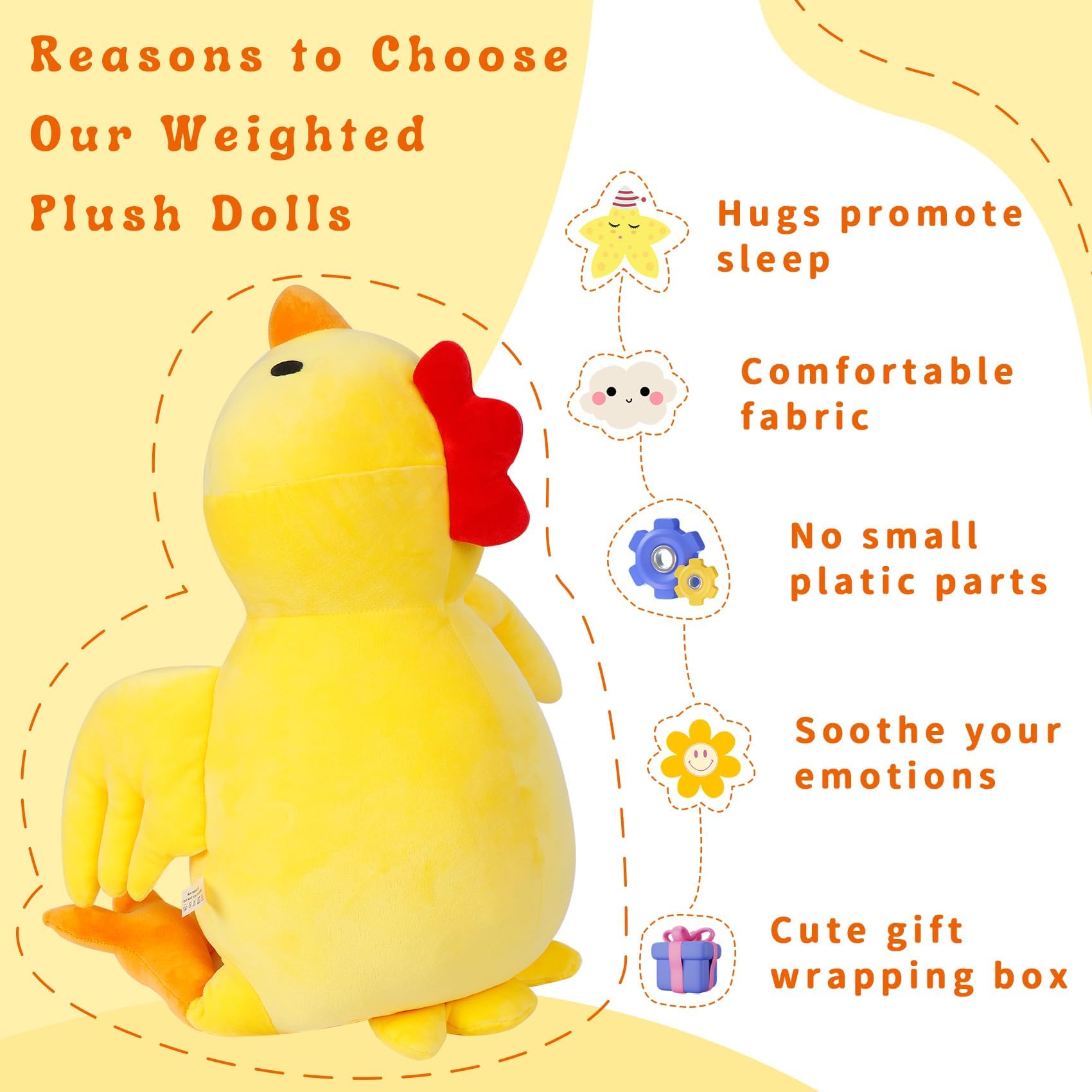 IdeaMeme Weighted Chick Plush, 24" 4.2 lbs Weighted Stuffed Animals, Cute Plushie Dolls Throw Pillow Birthday for Children Kids Adults