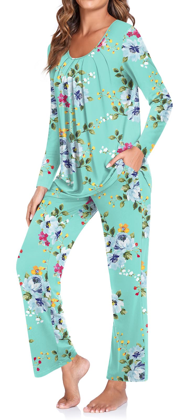 TAOHUADAO Women's Fall Pajamas Set with Pockets Soft Pants with Long Sleeve Top Ladies Sleepwear Plus Size Pjs Loungewear L, Mint Green