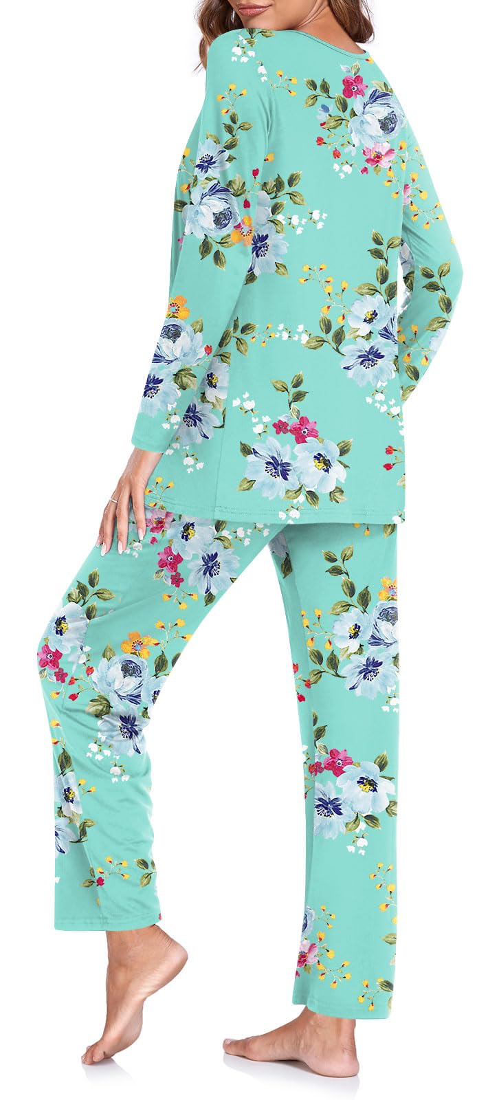 TAOHUADAO Women's Fall Pajamas Set with Pockets Soft Pants with Long Sleeve Top Ladies Sleepwear Plus Size Pjs Loungewear L, Mint Green