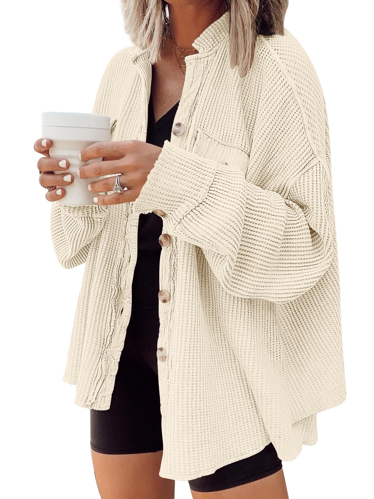 AUTOMET Womens Winter Clothes Fall Fashion Outfits 2025 Waffle Knit Clothing Oversized Button Down Shirts Apricot XL