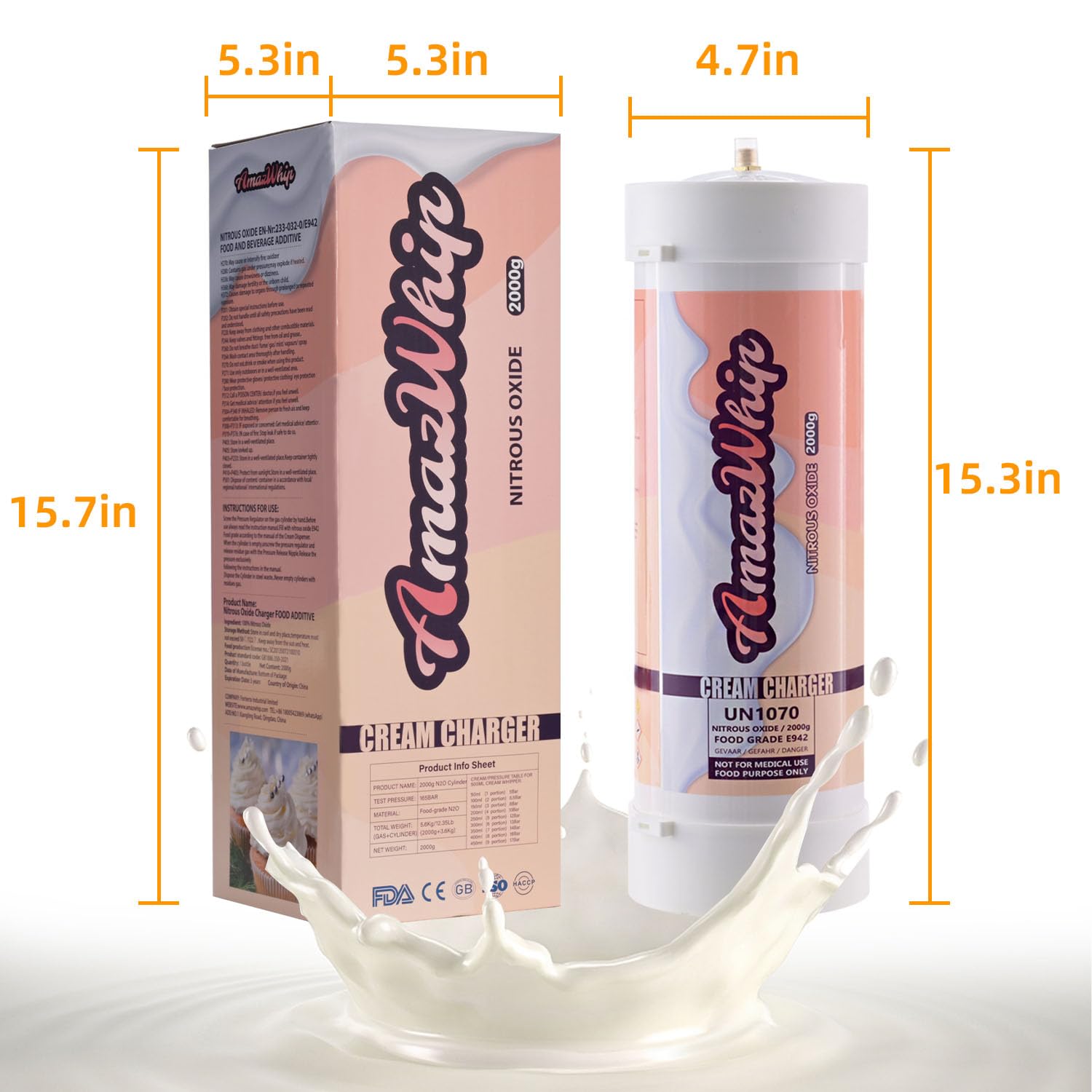 AmazWhip 2000G Whipped Cream Charger, 3.3L Cream Charger tanks (1 cylinder)
