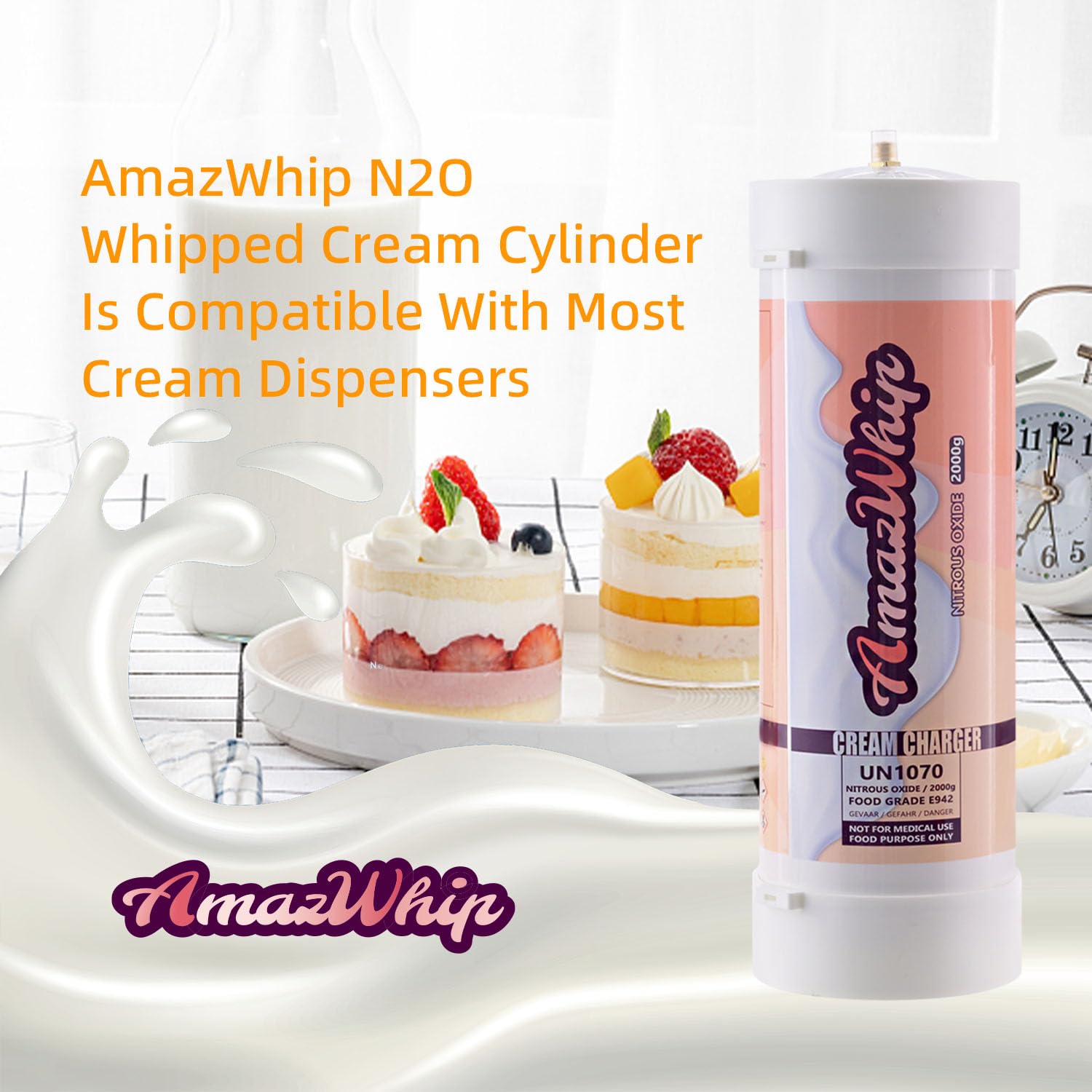 AmazWhip 2000G Whipped Cream Charger, 3.3L Cream Charger tanks (1 cylinder)