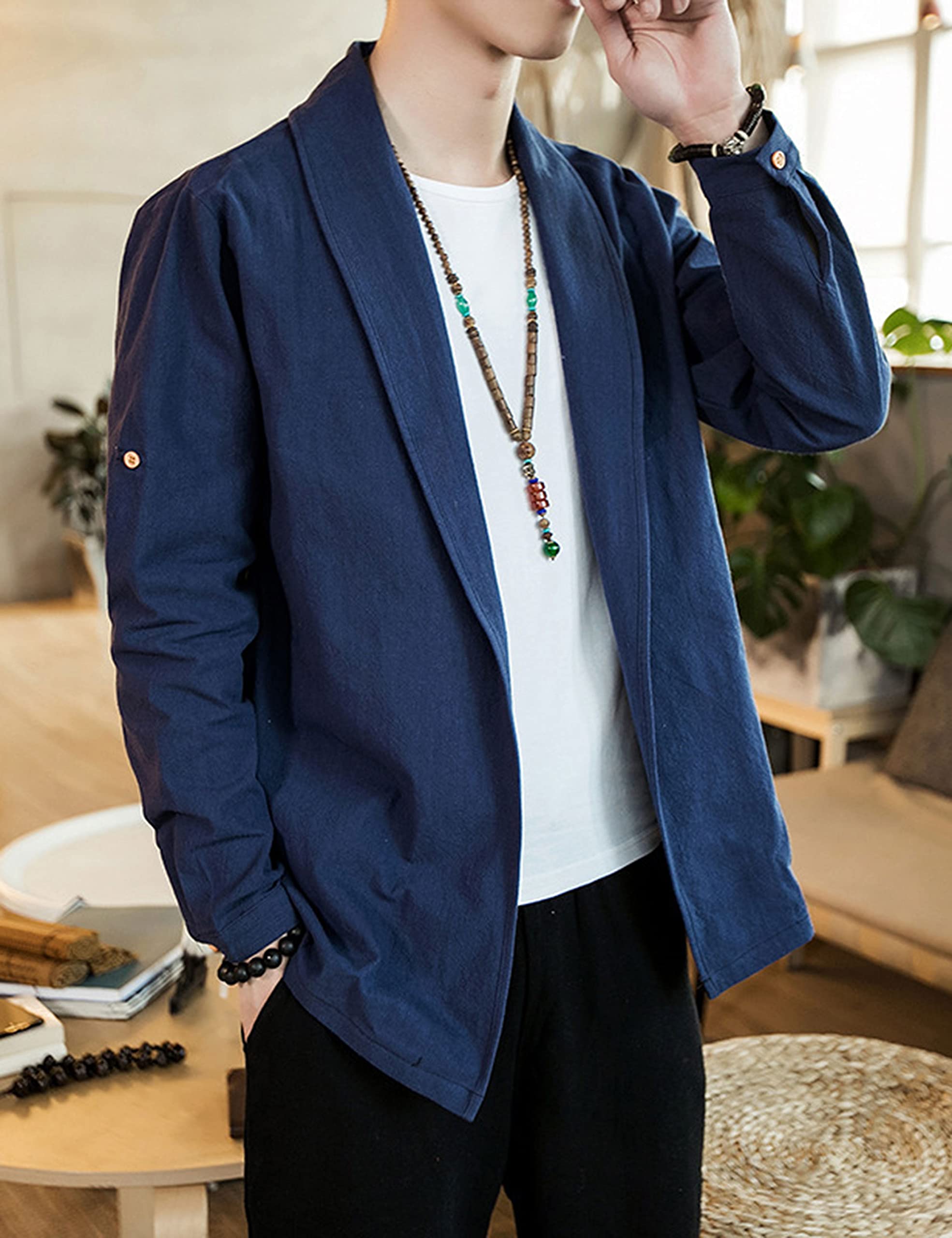 Mingzhu Mens Cotton Linen Blazer Jacket Roll Up Long Sleeve Notched Lapel Sport Coat(0733-NavyBlue-XL)