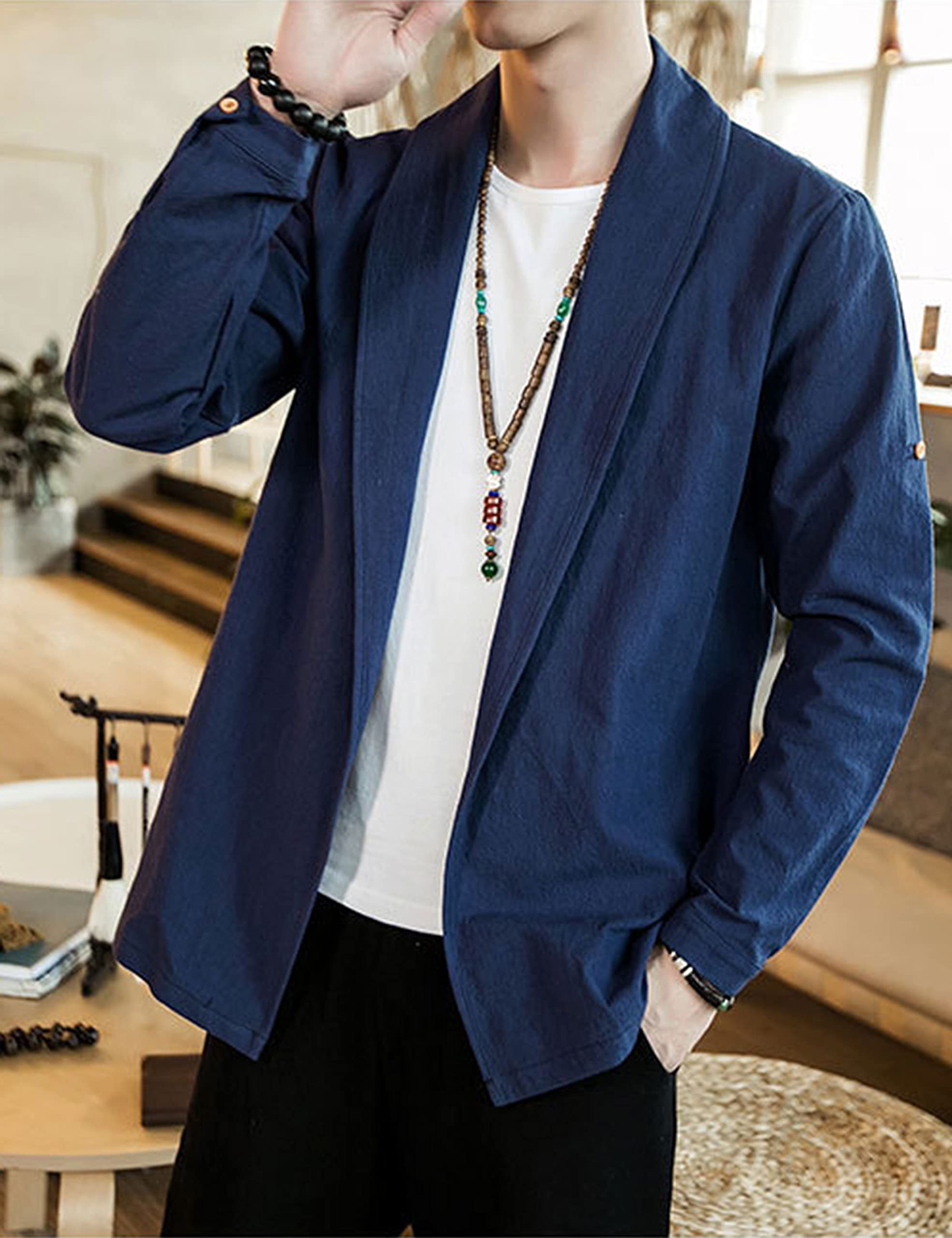 Mingzhu Mens Cotton Linen Blazer Jacket Roll Up Long Sleeve Notched Lapel Sport Coat(0733-NavyBlue-XL)