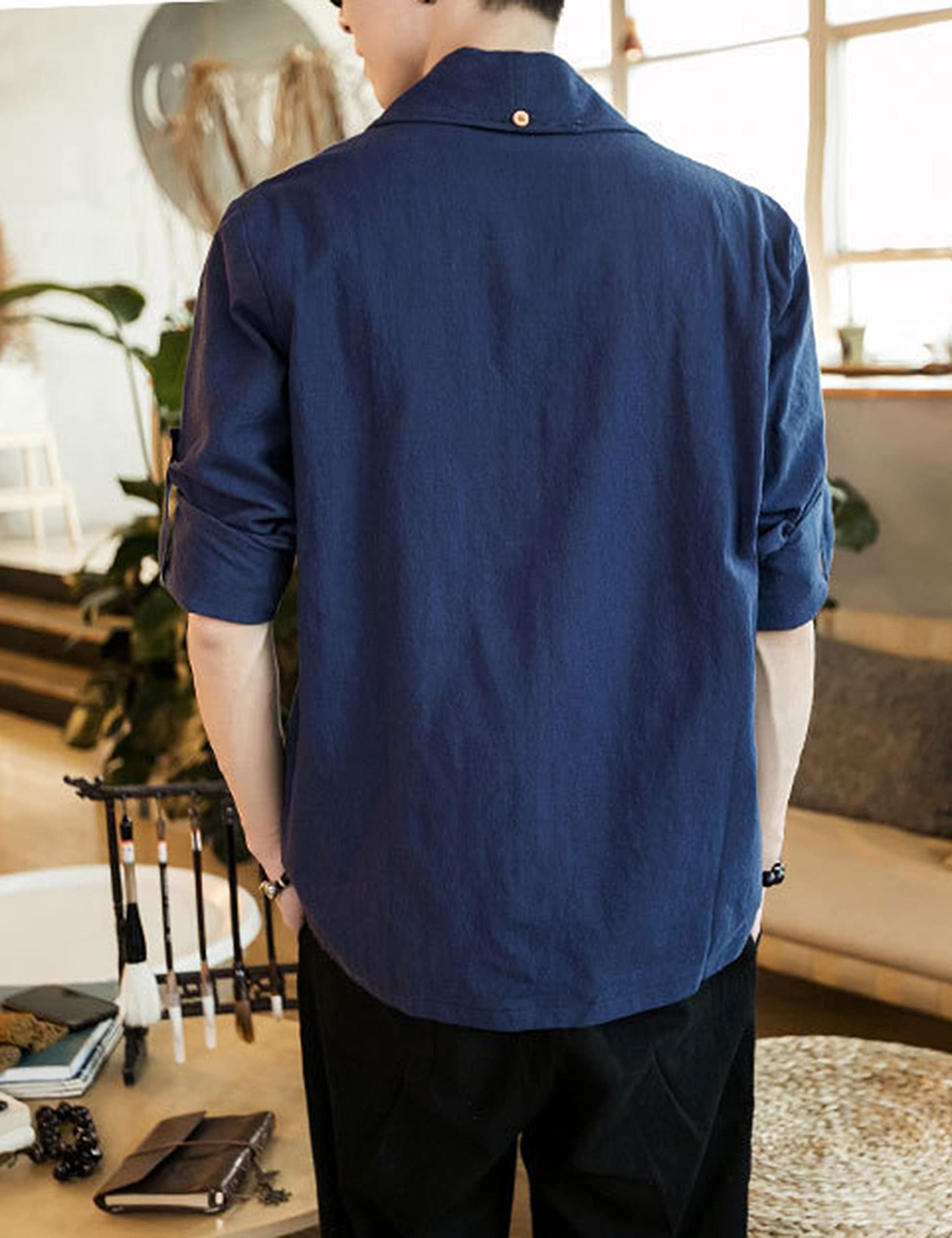 Mingzhu Mens Cotton Linen Blazer Jacket Roll Up Long Sleeve Notched Lapel Sport Coat(0733-NavyBlue-XL)