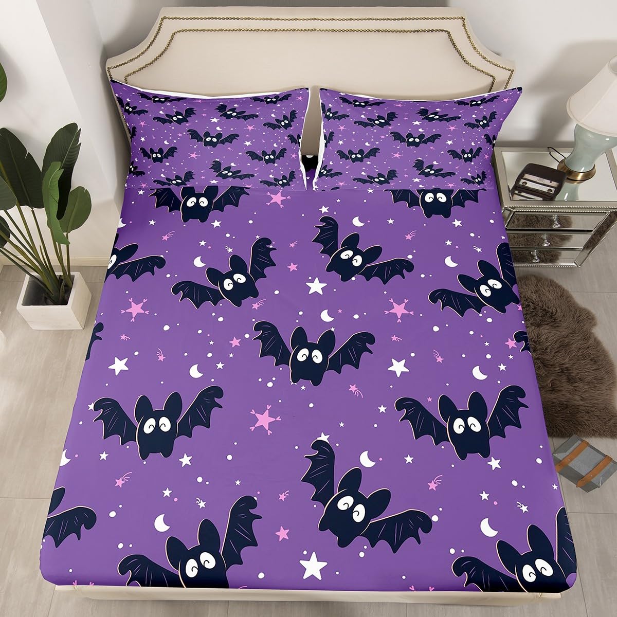 Manfei Kids Happy Halloween Fitted Sheet Twin Size, Black Bats Bedding Set 2pcs for Boys Girls Room Decor, Pink White Stars Moon Bed Cover with 1 Pillowcase, Soft Polyester Bedding