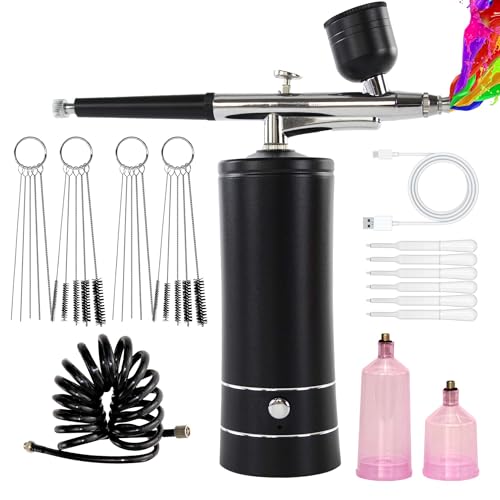 Airbrush-Kit Rechargeable Cordless Airbrush Compressor - Auto Handheld Airbrush Gun, Airbrush Set Portable Wireless Air Brush for Barber, Nail Art, Cake Decor, Makeup, Model Painting (Black)