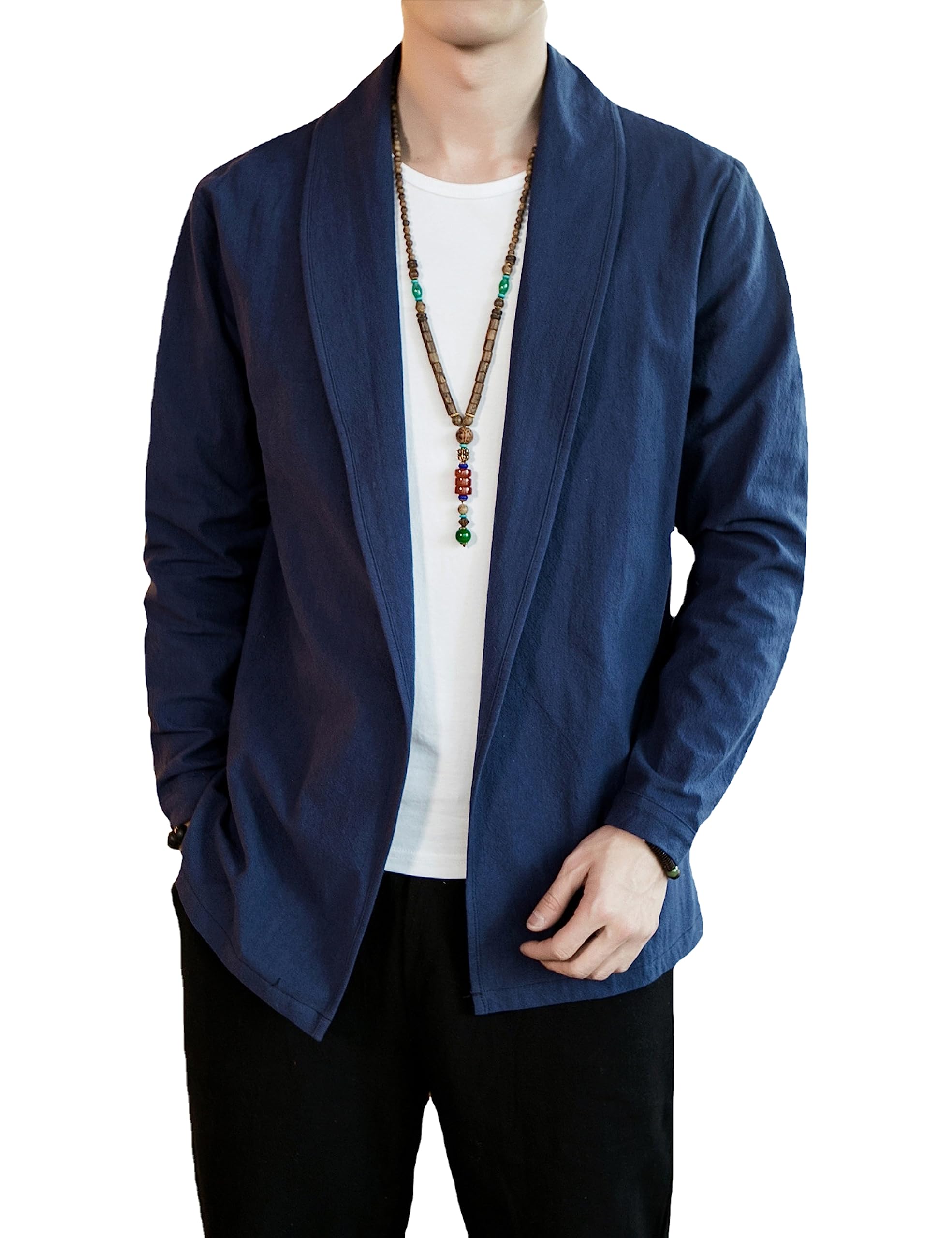 Mingzhu Mens Cotton Linen Blazer Jacket Roll Up Long Sleeve Notched Lapel Sport Coat(0733-NavyBlue-XL)