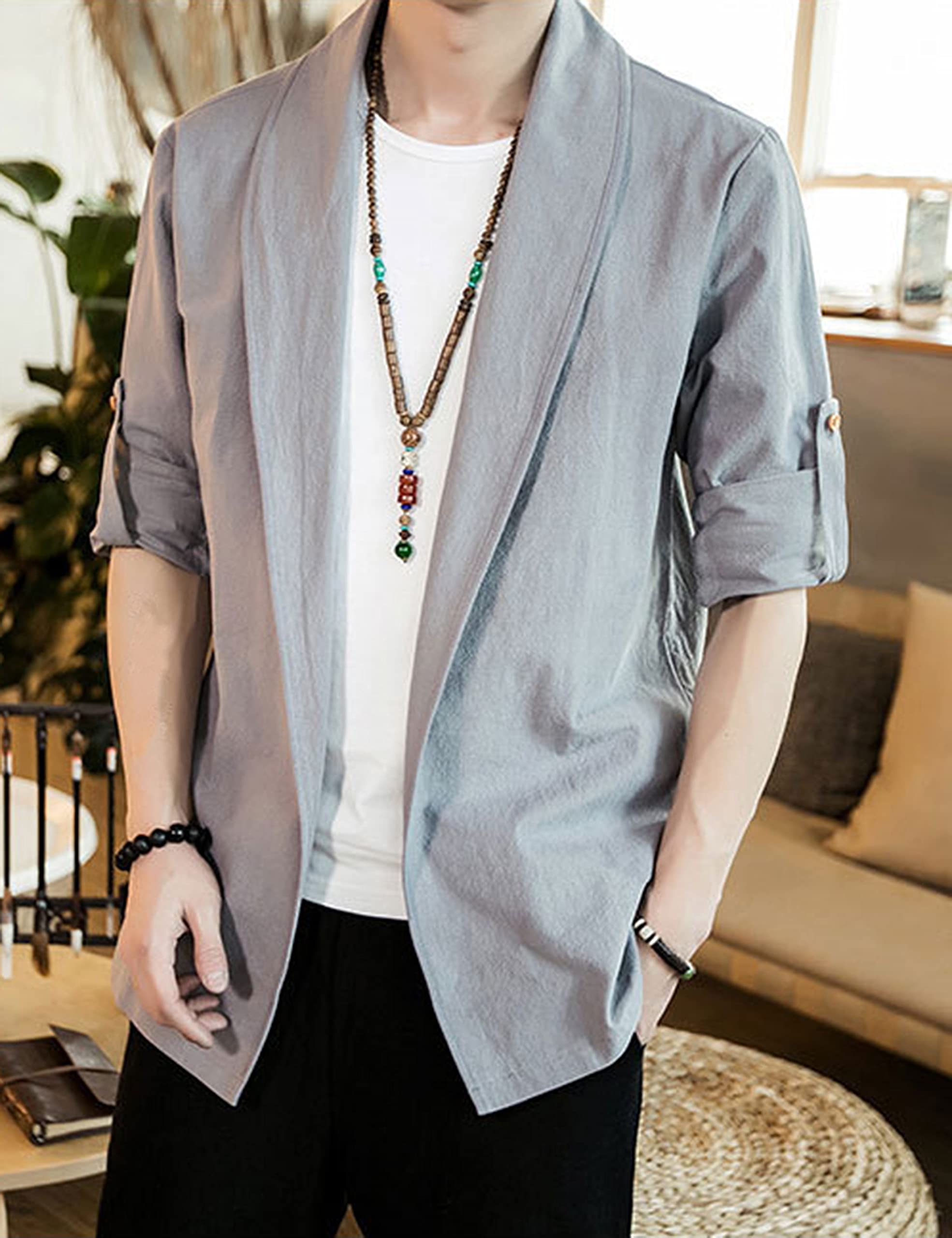 Mingzhu Mens Cotton Linen Blazer Jacket Roll Up Long Sleeve Notched Lapel Sport Coat(0733-Grey-M)