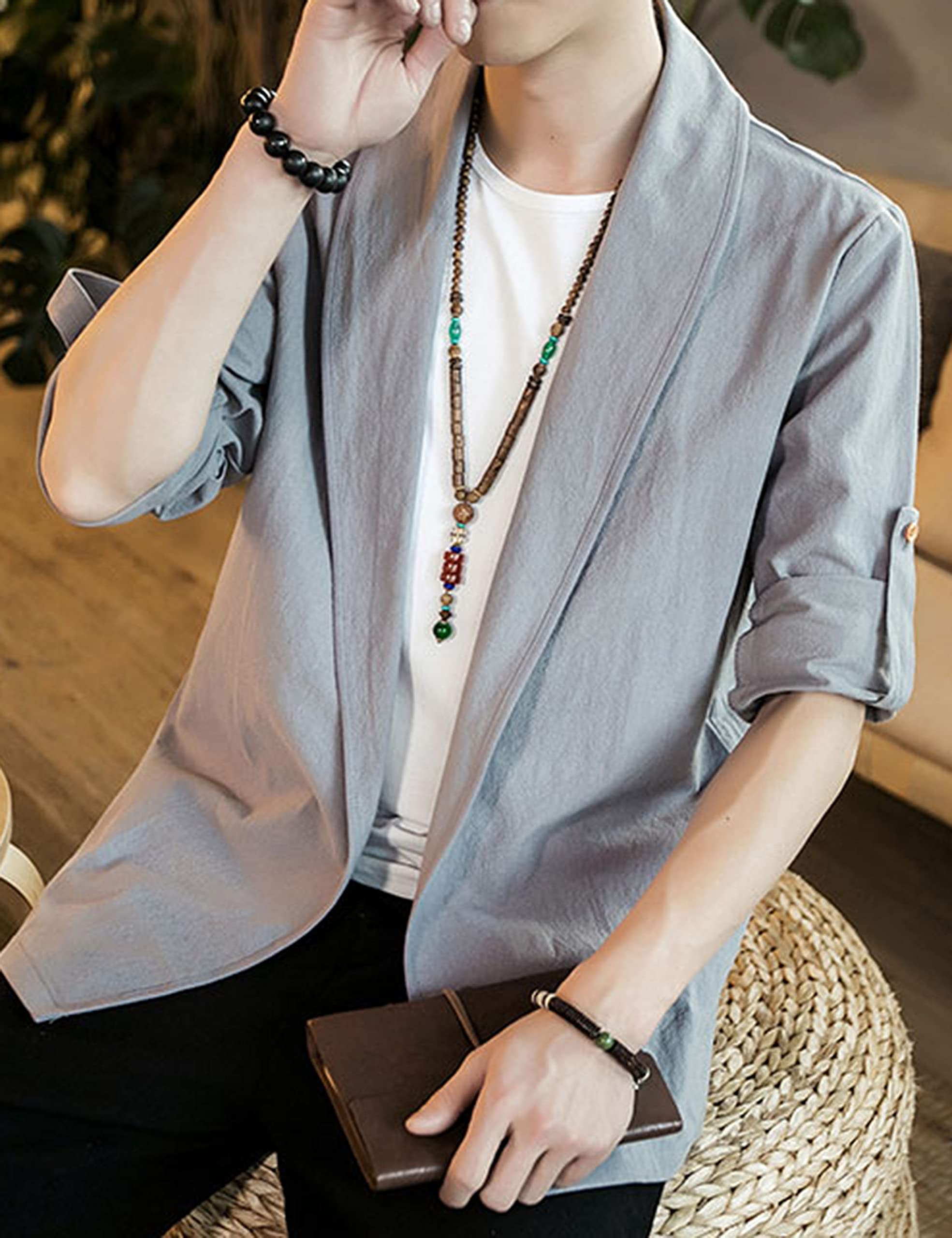 Mingzhu Mens Cotton Linen Blazer Jacket Roll Up Long Sleeve Notched Lapel Sport Coat(0733-Grey-M)