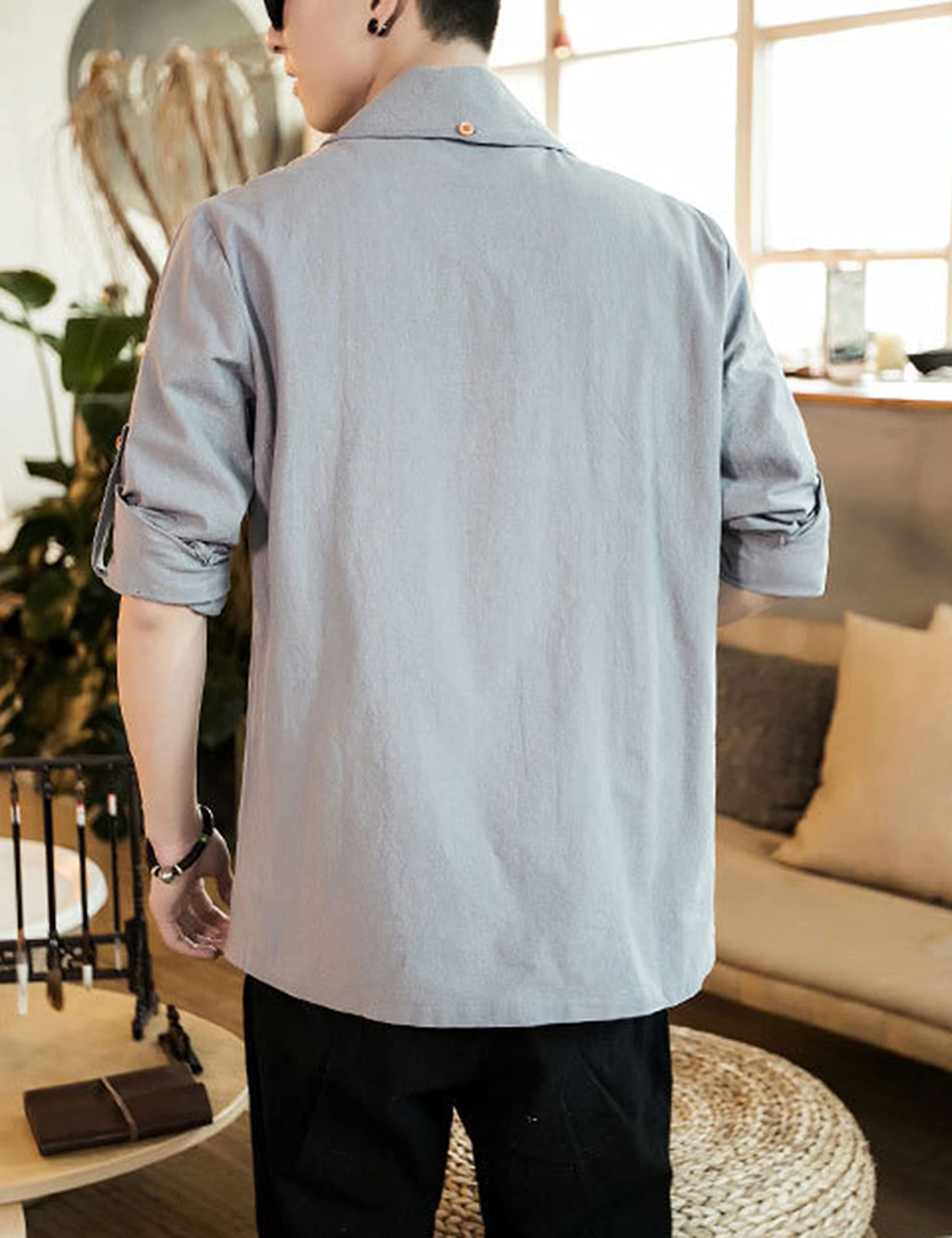 Mingzhu Mens Cotton Linen Blazer Jacket Roll Up Long Sleeve Notched Lapel Sport Coat(0733-Grey-M)