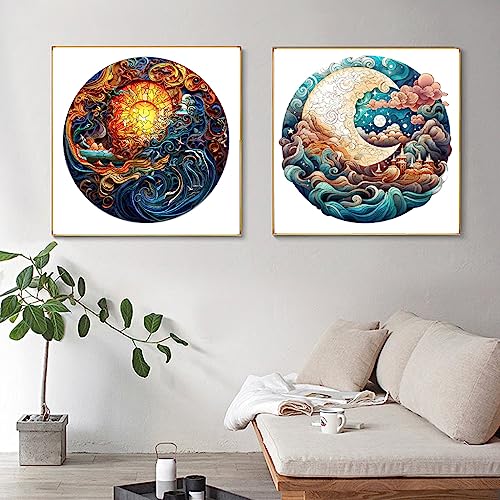2PCS Wooden Jigsaw Puzzles, Sun and Moon Jigsaw Puzzles for Adults, Unique Shape Wood Cut Puzzles, Best Gift for Adults and Kids,11.8x11.8in