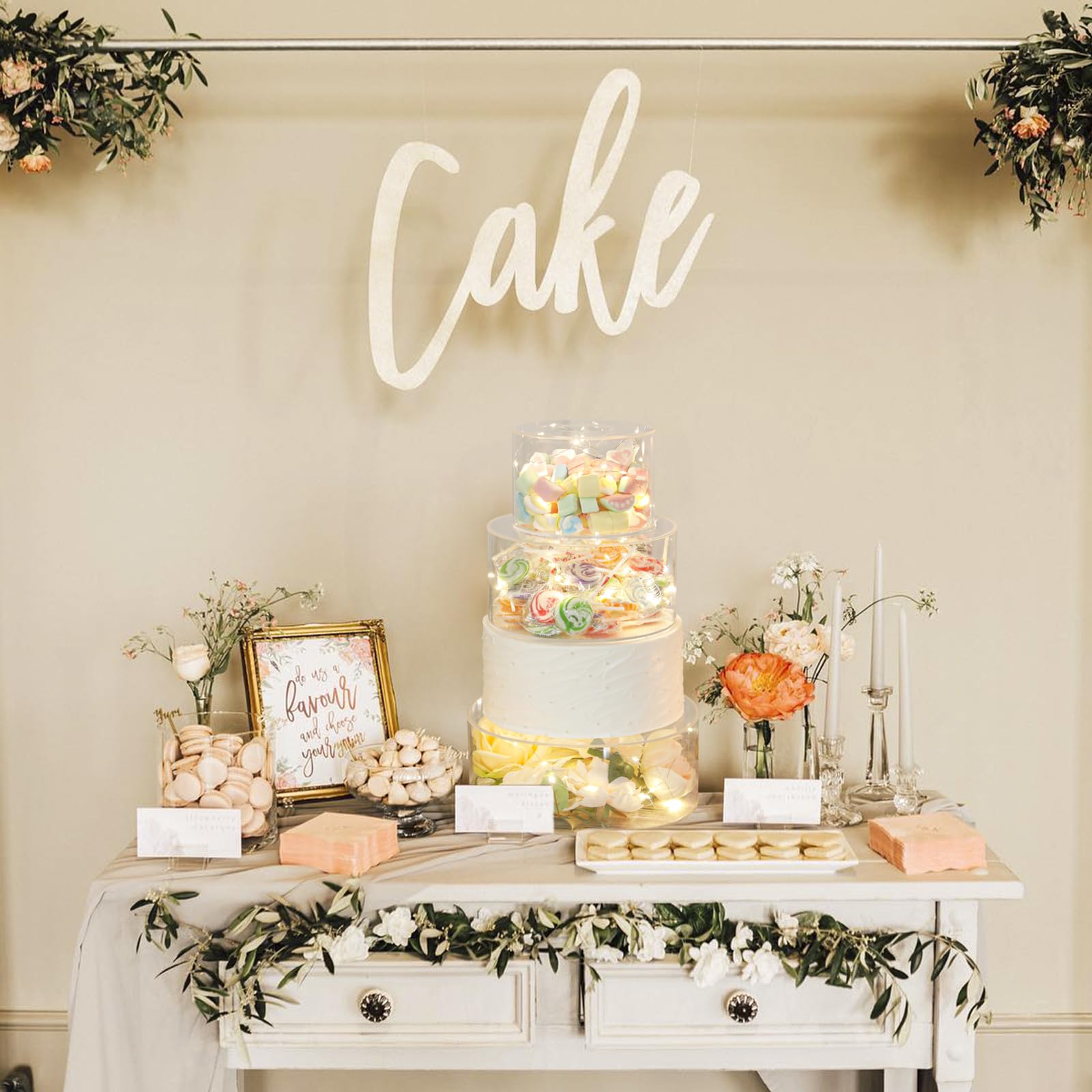 3 Pcs Clear Cake Stand with 3 LED Lights Fillable Acrylic Cake Stand with Lid, Wedding Cake Stand Clear Acrylic Cake Box Floating Cake Stand Cylinder Stands for Party Wedding Birthday Anniversary