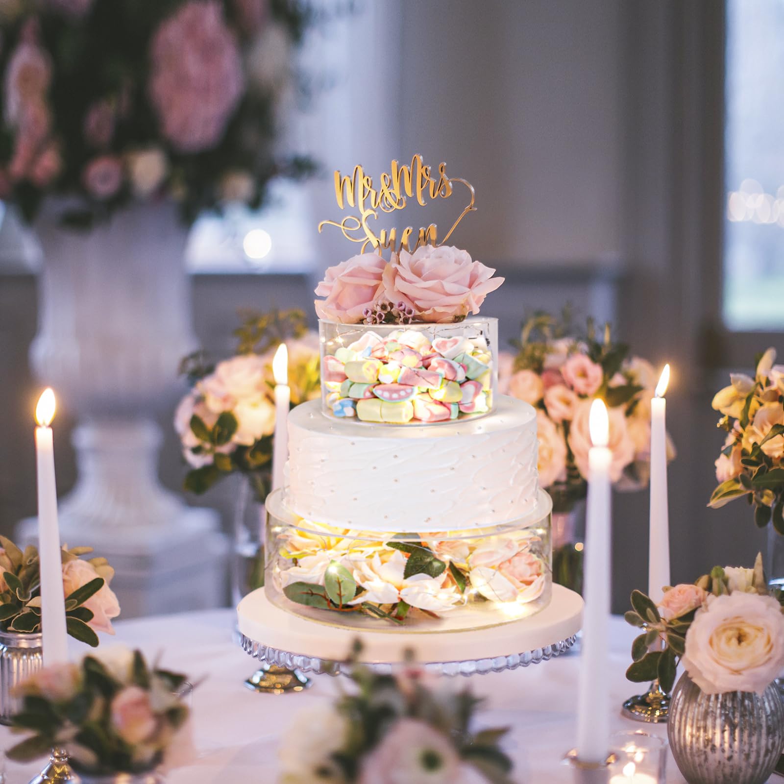 3 Pcs Clear Cake Stand with 3 LED Lights Fillable Acrylic Cake Stand with Lid, Wedding Cake Stand Clear Acrylic Cake Box Floating Cake Stand Cylinder Stands for Party Wedding Birthday Anniversary