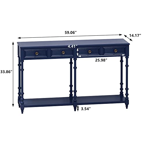 INMOZATA Farmhouse Entryway Table, Narrow Console Table with 2 Drawers, 59" Sofa Table with Storage Shelf, Console Tables for Entryway, Living Room, Hallway, Foyer,Blue