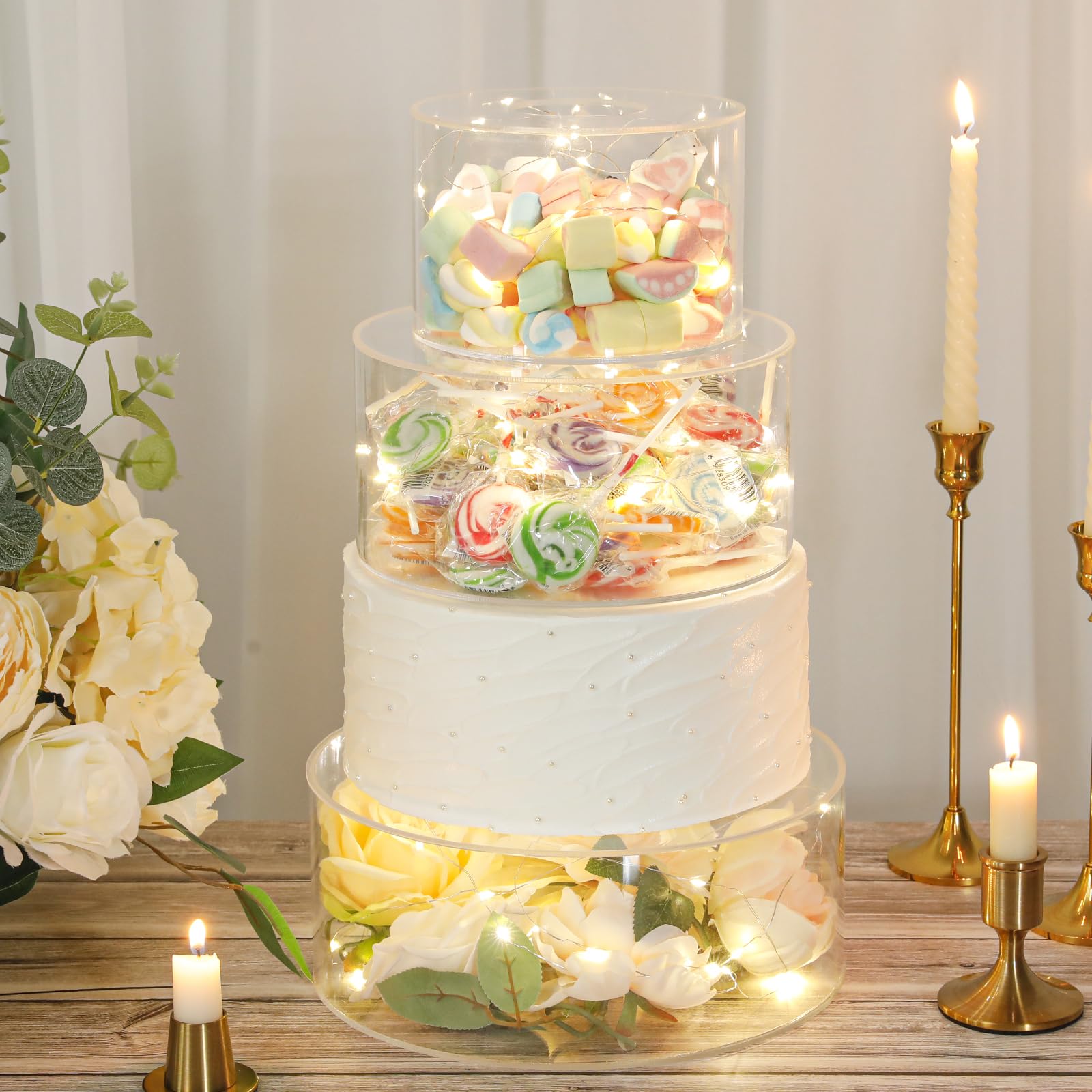 3 Pcs Clear Cake Stand with 3 LED Lights Fillable Acrylic Cake Stand with Lid, Wedding Cake Stand Clear Acrylic Cake Box Floating Cake Stand Cylinder Stands for Party Wedding Birthday Anniversary