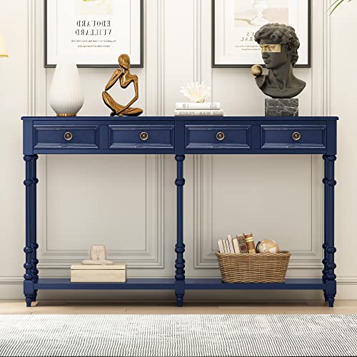INMOZATA Farmhouse Entryway Table, Narrow Console Table with 2 Drawers, 59" Sofa Table with Storage Shelf, Console Tables for Entryway, Living Room, Hallway, Foyer,Blue