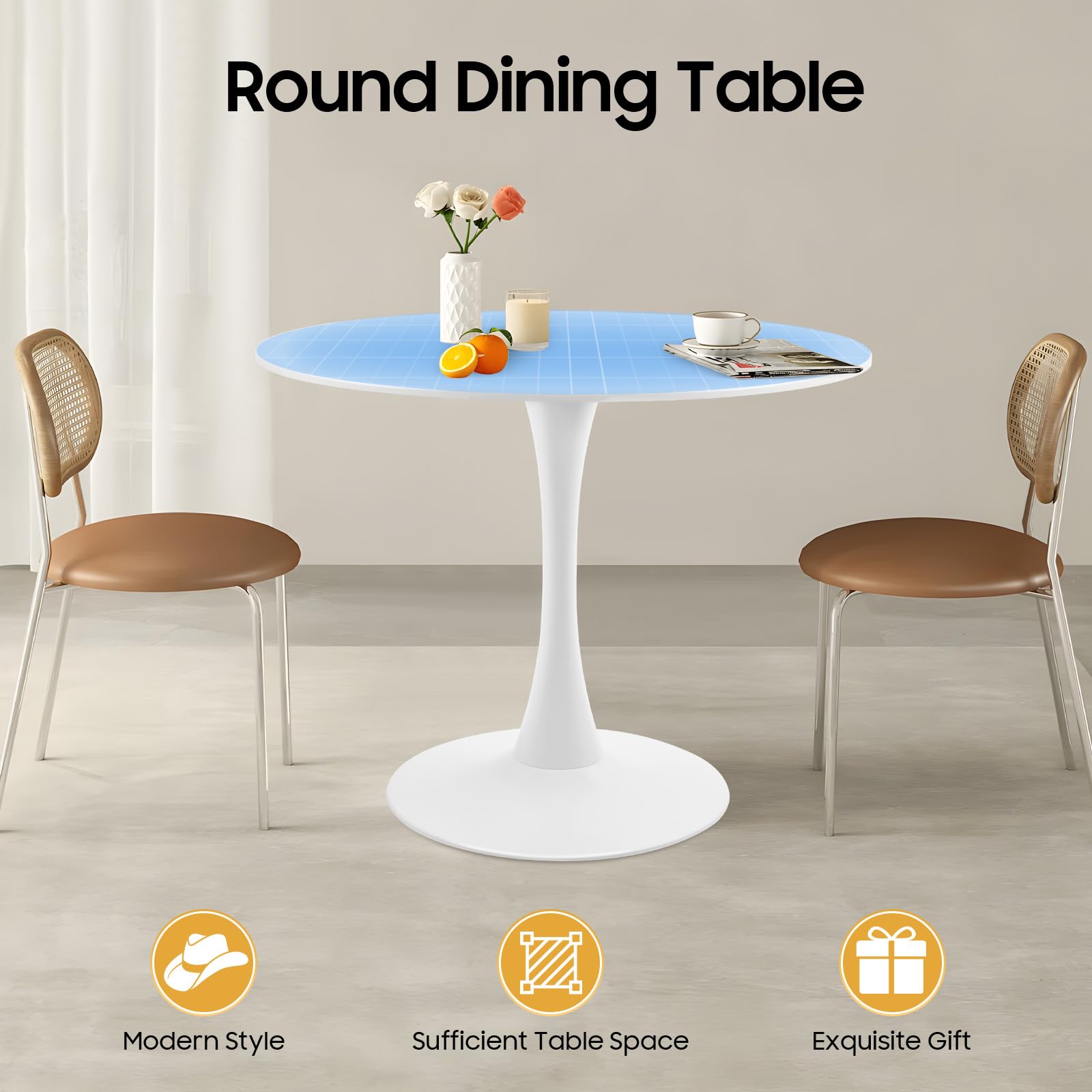 JINHZIXIU 31.5" Round Dining Table White Coffee Table Kitchen Dining Table Modern Tulip Table Mid-Century Leisure Table Tea Table for Dining Room Kitchen Living Room for 2-4 People