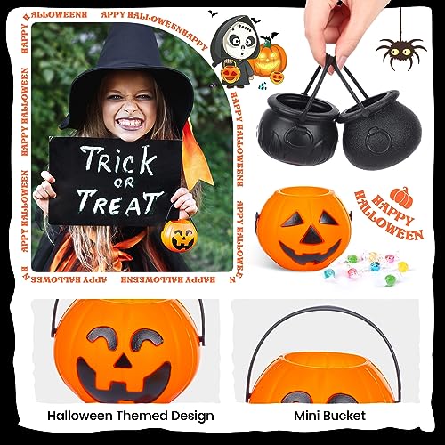 Jenaai 40 Pcs Mini Halloween Pumpkins and Cauldrons Black Witch Cauldron Small Pumpkin Pail Candy Cauldron with Handles Plastic Witch Leprechaun Pot for Wizard Trick or Treat Party Favors, 4 Styles