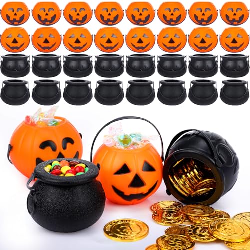 Jenaai 40 Pcs Mini Halloween Pumpkins and Cauldrons Black Witch Cauldron Small Pumpkin Pail Candy Cauldron with Handles Plastic Witch Leprechaun Pot for Wizard Trick or Treat Party Favors, 4 Styles