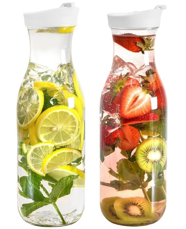 DilaBee Plastic Water Pitcher With Lid Round Carafe Pitchers for drinks, Milk, Smoothie, Iced Tea, Mimosa Bar - BPA-Free - Not Dishwasher Safe (2-Pack, 50 Ounce)