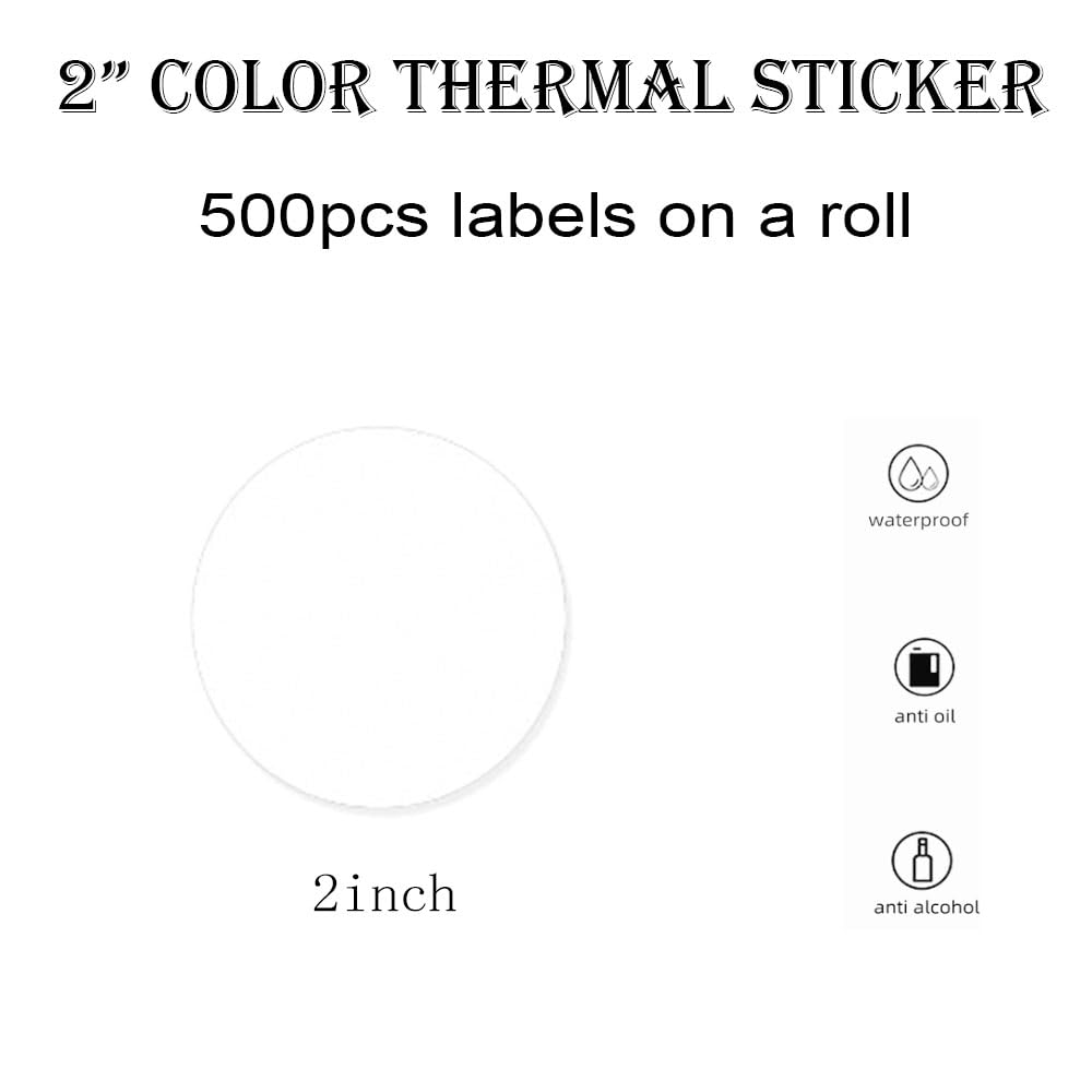 2 Inch Circle Thermal Labels, Self-Adhesive Round Thermal Printer Stickers, 500 per Roll Thermal Label Stickers for DIY Logo Design, Business and Name Tag