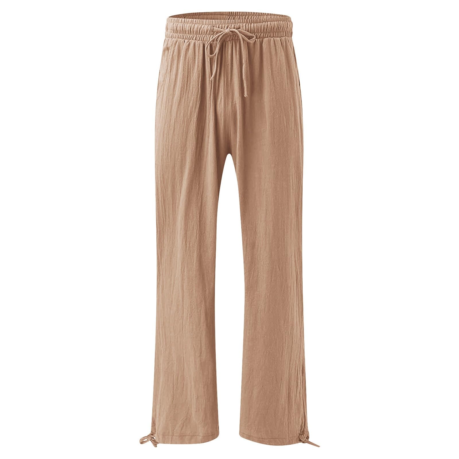 SHAOBGE Linen Pants for Women Summer High Waisted Wide Leg Pants Casual Elastic Waist Palazzo Pants Beach Pants with Pockets, X-Large, #2-Khaki
