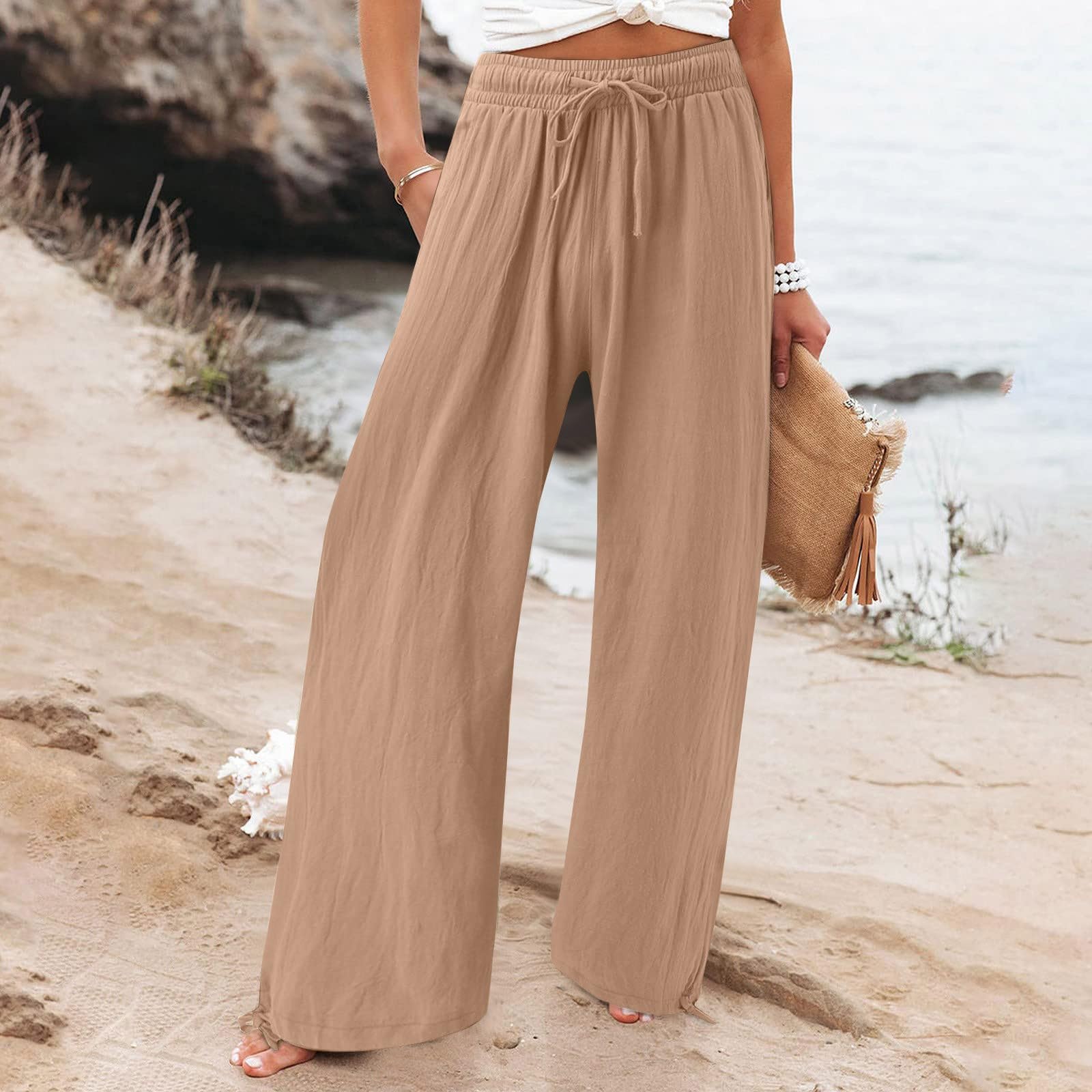 SHAOBGE Linen Pants for Women Summer High Waisted Wide Leg Pants Casual Elastic Waist Palazzo Pants Beach Pants with Pockets, X-Large, #2-Khaki