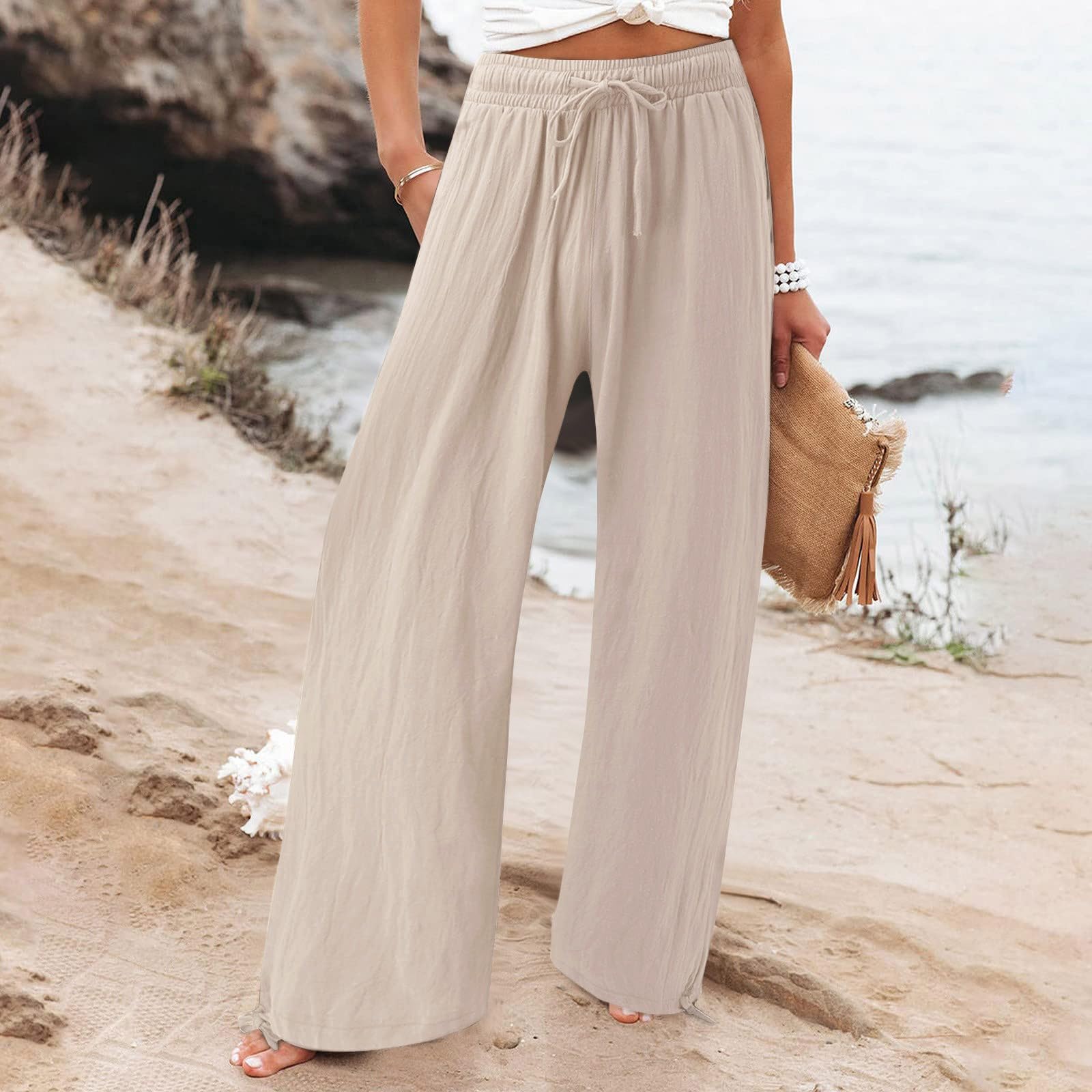 SHAOBGE Linen Pants for Women Summer High Waisted Wide Leg Pants Casual Elastic Waist Palazzo Pants Beach Pants with Pockets, X-Large, #2-Beige