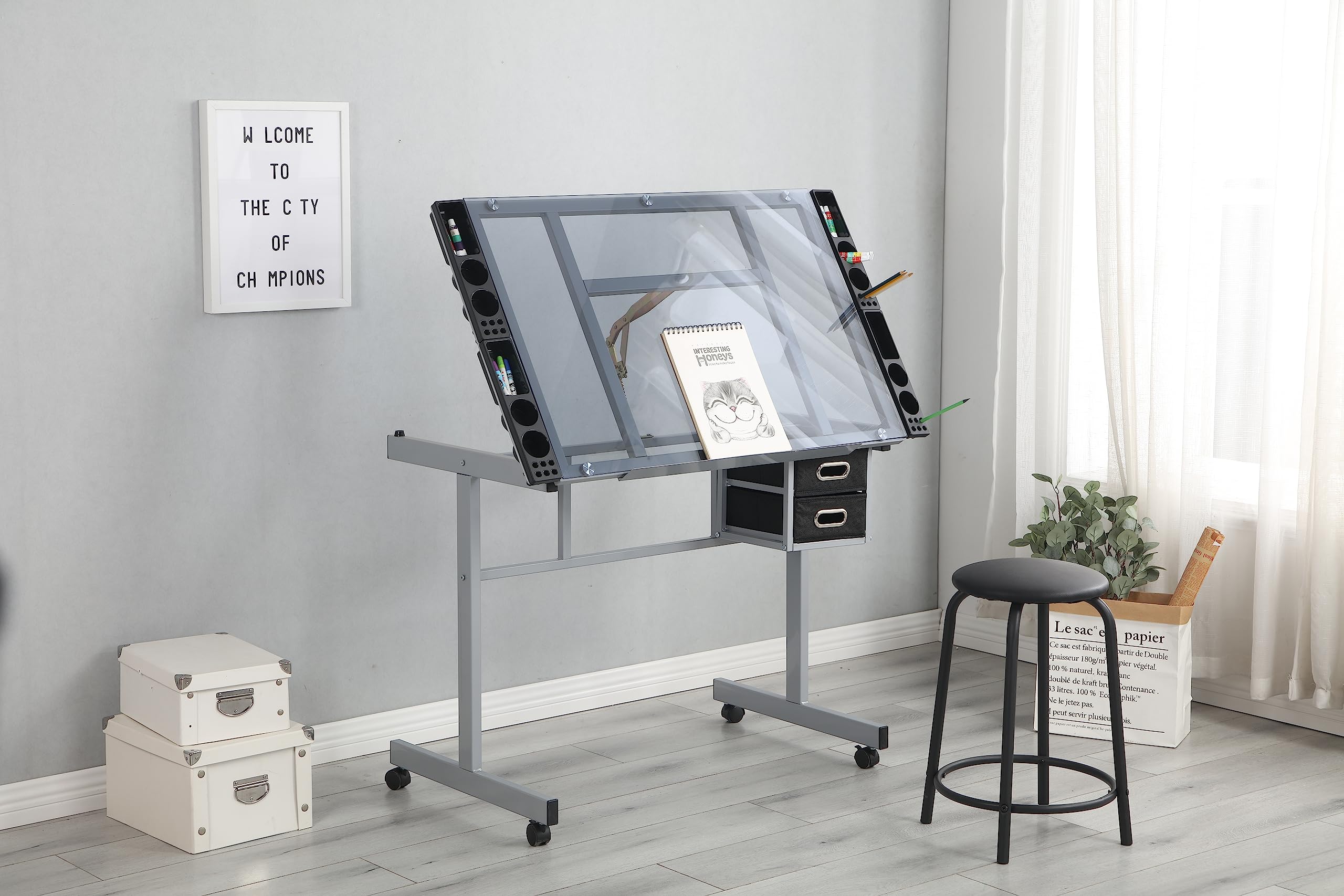 Olela Drafting Desk, Height Adjustable Drafting Table Versatile Art Craft Artists Paintings Storage Work Station with Tilting Temped Glasses Tabletop and Stool (Drawing Table - 3)