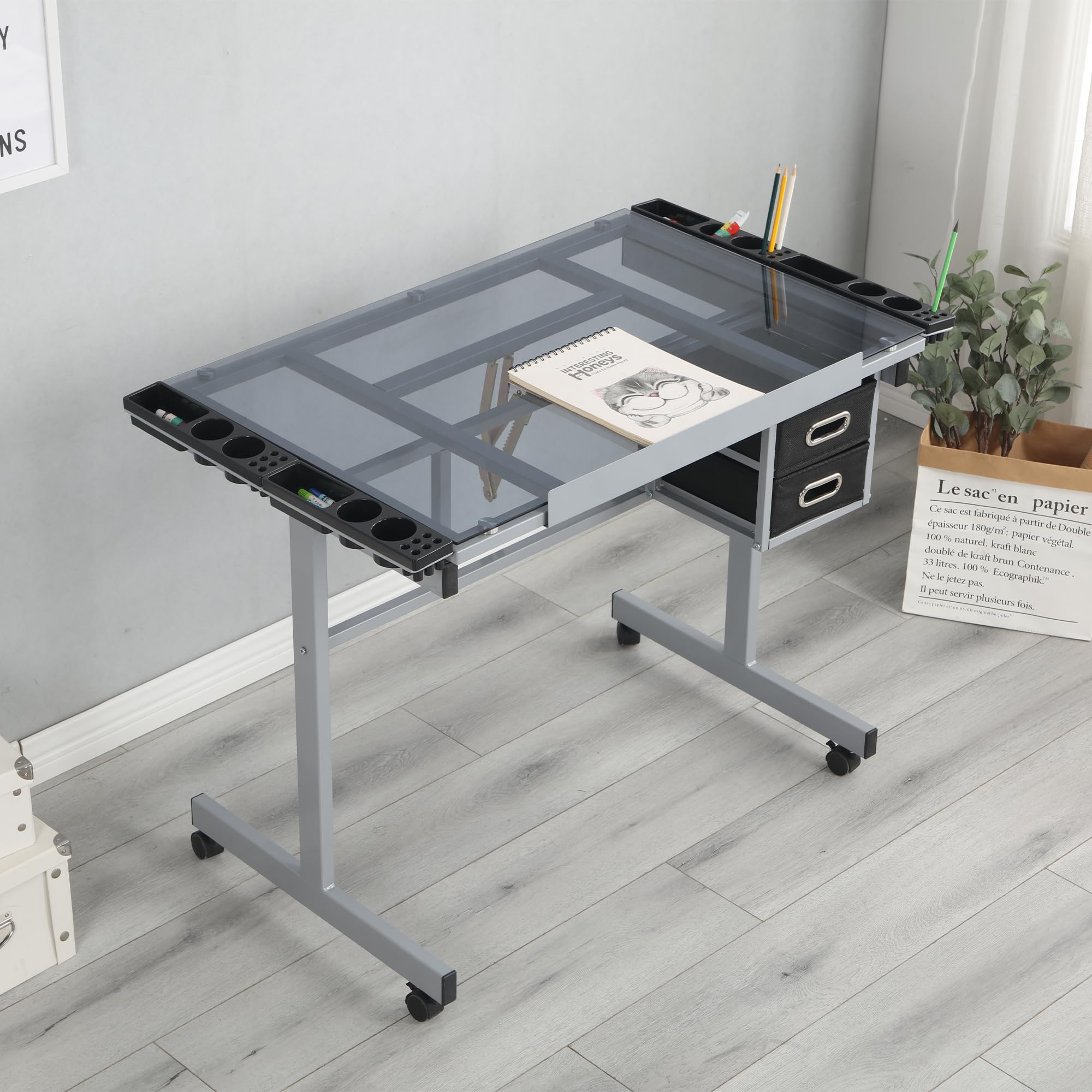 Olela Drafting Desk, Height Adjustable Drafting Table Versatile Art Craft Artists Paintings Storage Work Station with Tilting Temped Glasses Tabletop and Stool (Drawing Table - 3)