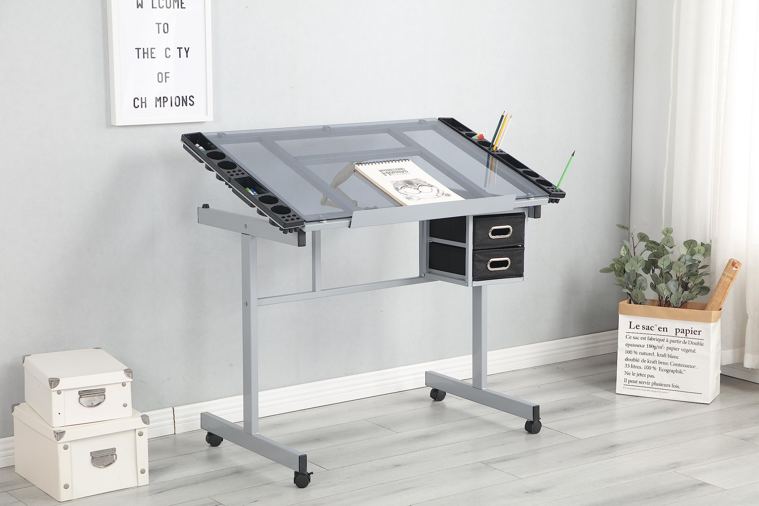 Olela Drafting Desk, Height Adjustable Drafting Table Versatile Art Craft Artists Paintings Storage Work Station with Tilting Temped Glasses Tabletop and Stool (Drawing Table - 3)