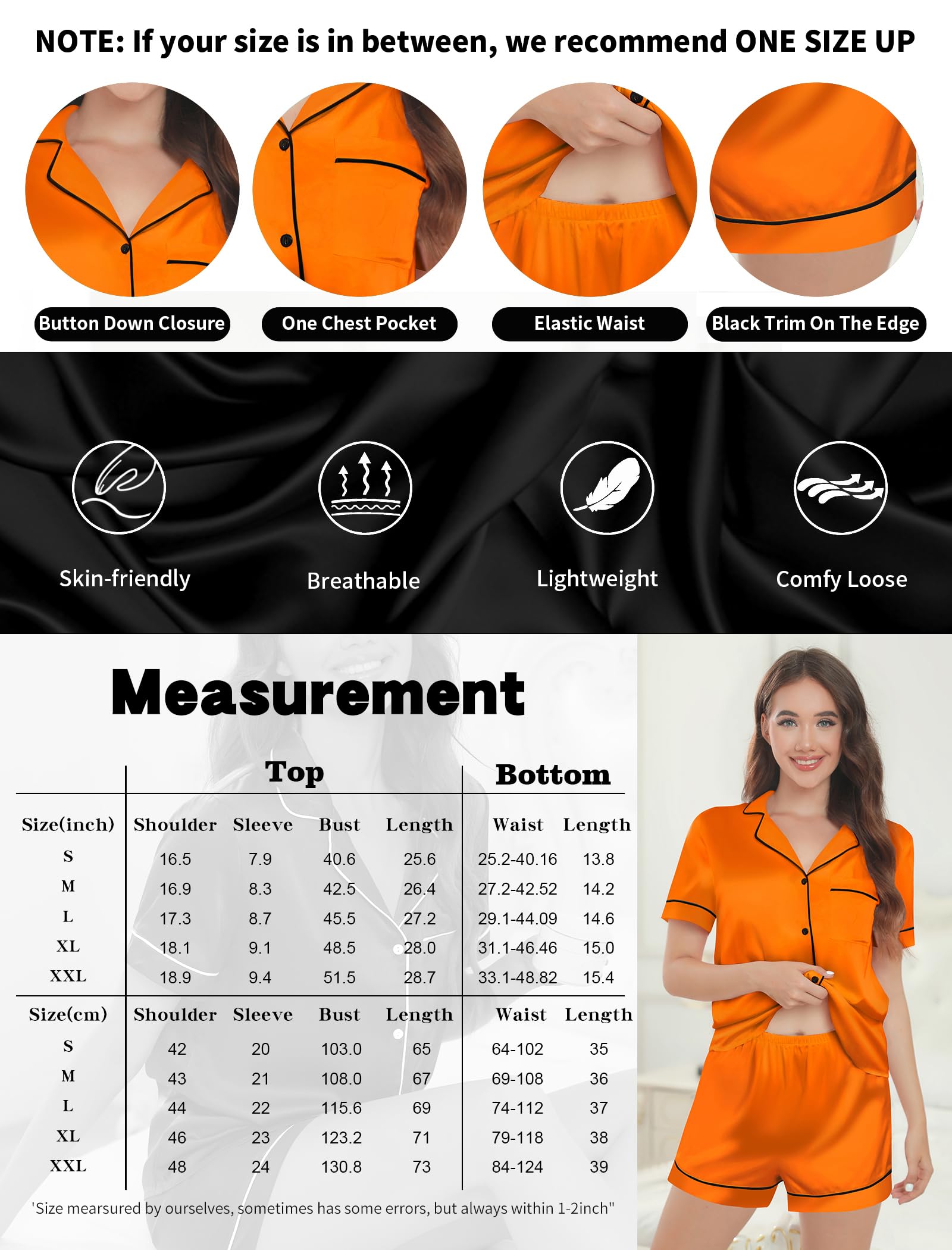 Lanyoshe Silk Pajamas for Women Satin Womens Pajama Sets Short Sleeve Lounge Set 2-Piece Sleepwear Notch Collar Button-Down PJ Set (Orange, XL)