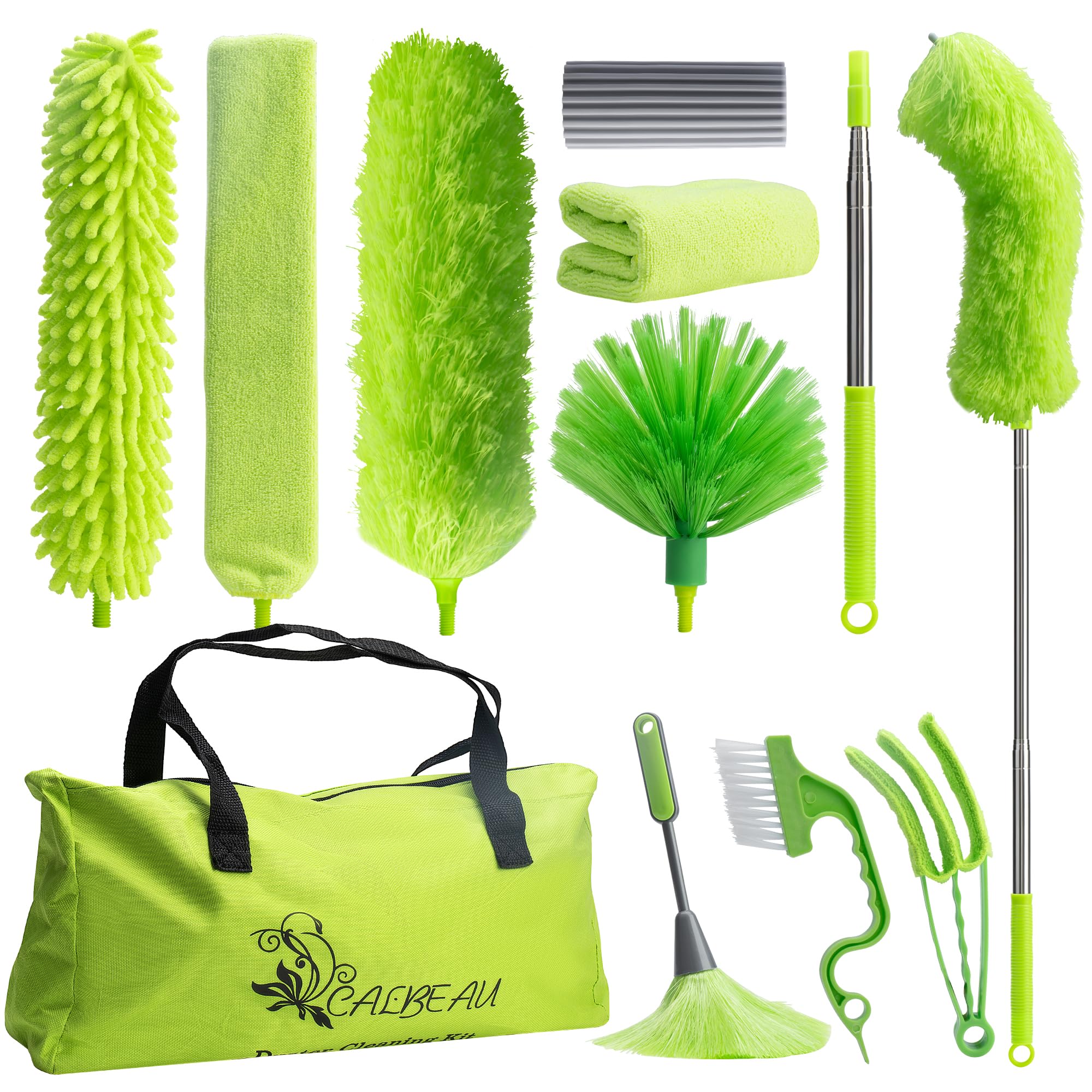 CALBEAU Dusters for Cleaning, Duster with 81 inch Extension Pole for Cleaning High Ceiling Fan, High Window, Sofa, Cobweb Duster for High Corner, 11 PCS Microfiber Duster Kit with Storage Bag