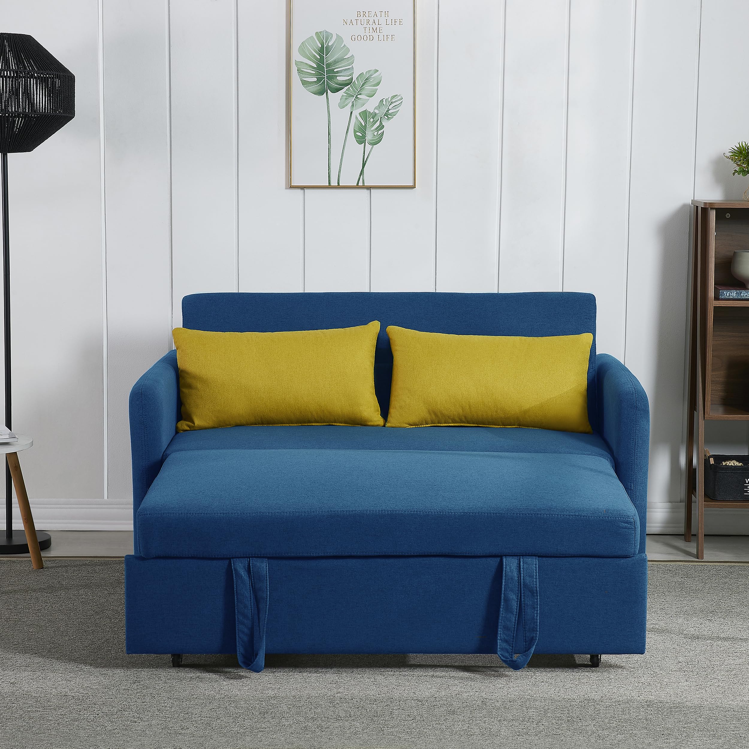 Bellemave Pull Out Sofa Bed Convertible Loveseat Sleeper Sofa with USB Charging Port & Arm Pocket, Modern Adjustable Sofa Bed with 2 Pillows, for Living Room, Apartment, Blue Yellow
