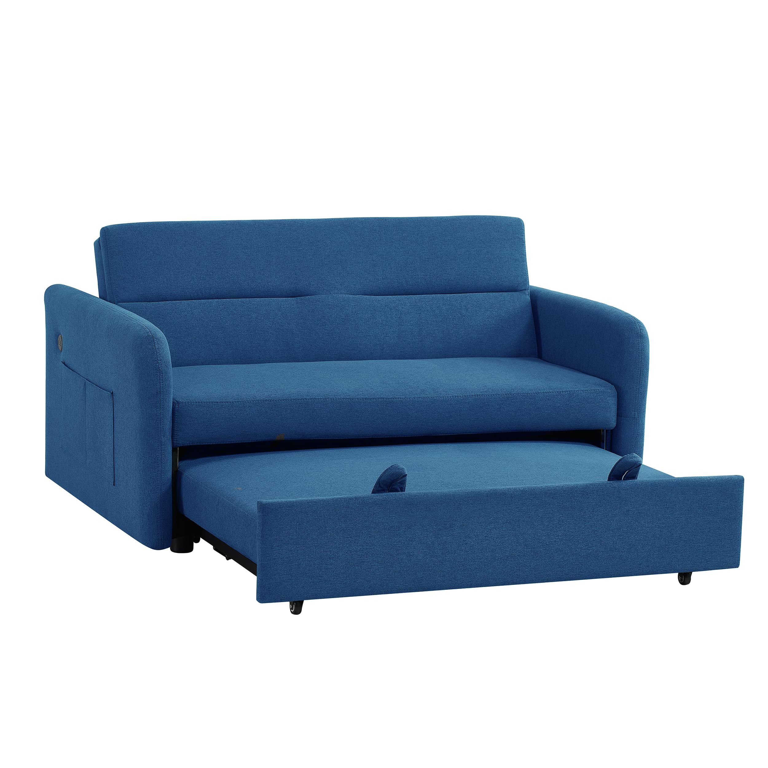 Bellemave Pull Out Sofa Bed Convertible Loveseat Sleeper Sofa with USB Charging Port & Arm Pocket, Modern Adjustable Sofa Bed with 2 Pillows, for Living Room, Apartment, Blue Yellow