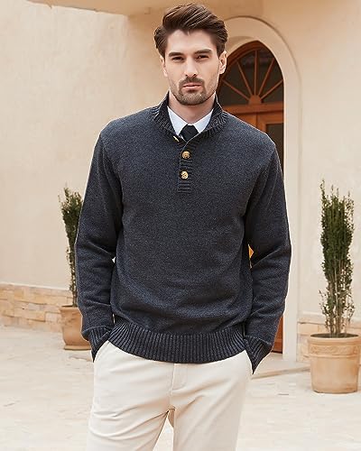 Kallspin Men's Pullover Sweater Wool Midweight Mock Neck Quarter-Button Long Sleeve Pullover(Charcoal Large)