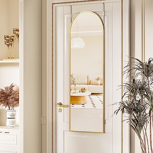 Antok Over The Door Mirror Full Length, 50"x16" Arched Top, Gold Frame, Modern Style, Shatterproof, Adjustable Height, Bedroom, Bathroom, Living Room