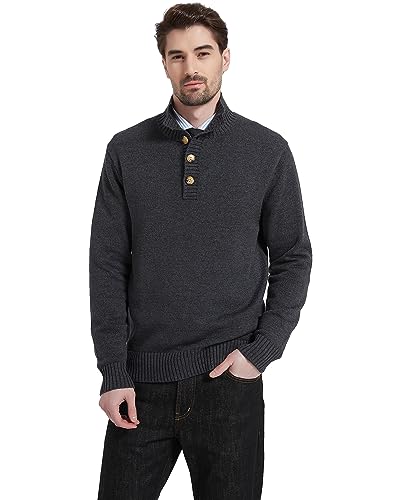 Kallspin Men's Pullover Sweater Wool Midweight Mock Neck Quarter-Button Long Sleeve Pullover(Charcoal Large)