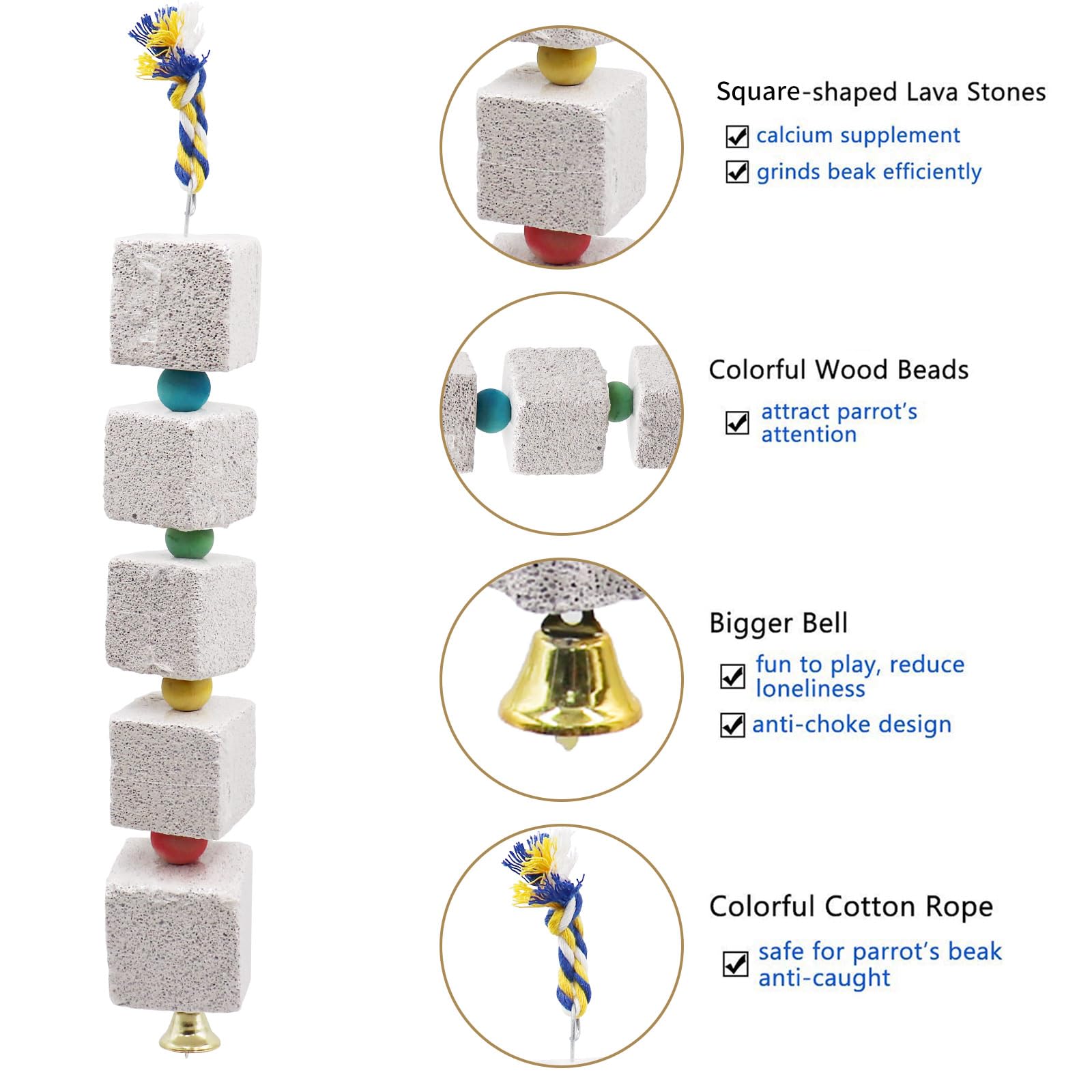 2 Pack Large Bird Chewing Toy, Parrot Beak Grinding Calcium Stone with Bells, Bird Cage Accessories, Cage Toys for Cockatiel Parakeet Parrot Budgies Rat Hamster Chinchilla Rabbit Bunny African Grey