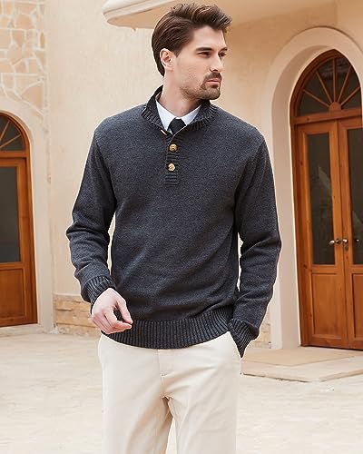 Kallspin Men's Pullover Sweater Wool Midweight Mock Neck Quarter-Button Long Sleeve Pullover(Charcoal Large)