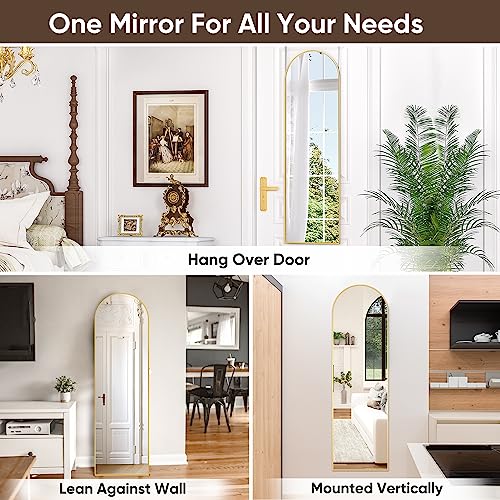 Antok Over The Door Mirror Full Length, 50"x16" Arched Top, Gold Frame, Modern Style, Shatterproof, Adjustable Height, Bedroom, Bathroom, Living Room