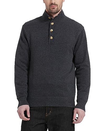 Kallspin Men's Pullover Sweater Wool Midweight Mock Neck Quarter-Button Long Sleeve Pullover(Charcoal Large)