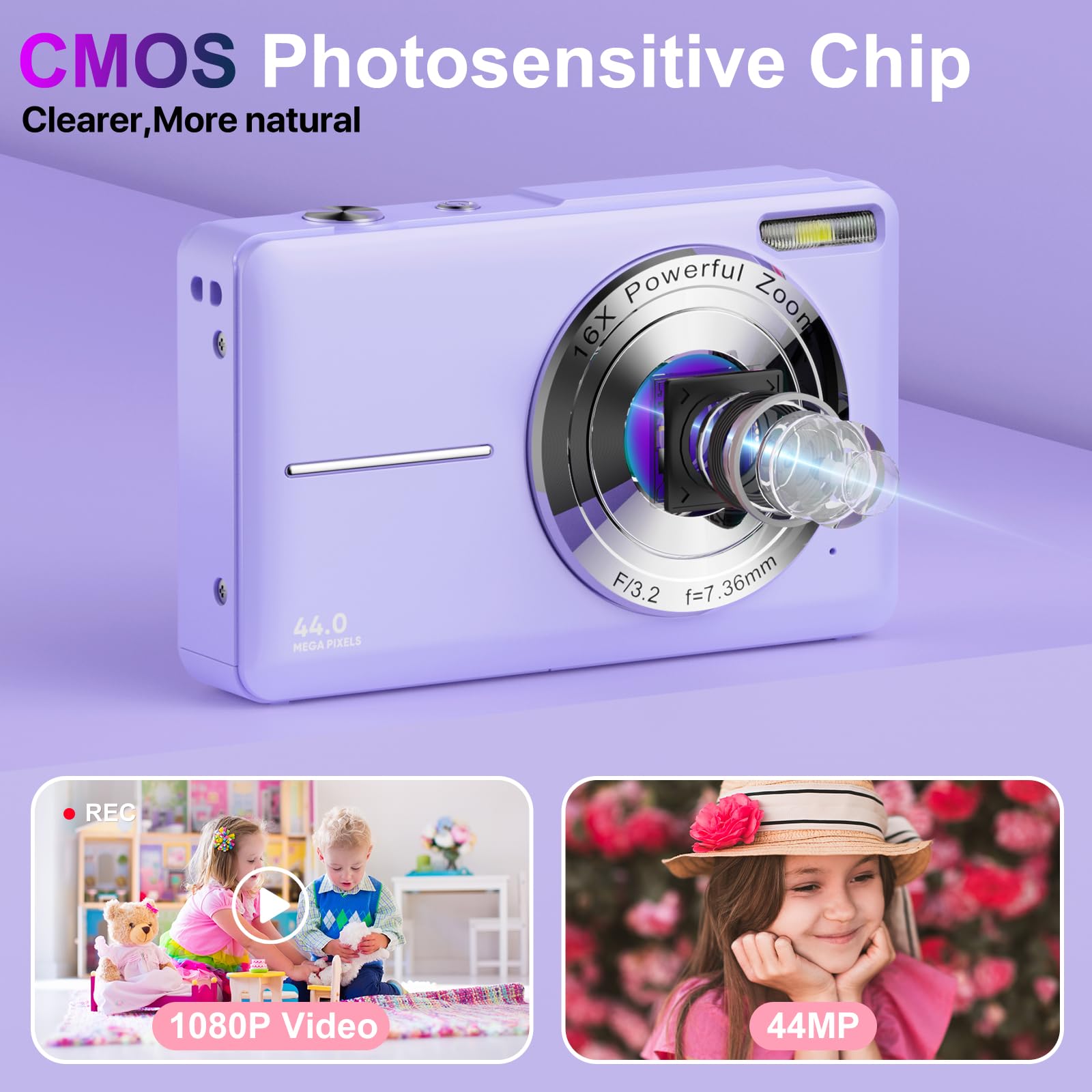 AUTPIRLF Digital Camera for Kids, 1080P Mini with Lanyard 44MP Point and Shoot Camera, Anti-Shake Vlogging 16X Zoom, Small Boys Girls Teens Students(Purple) (DC403)